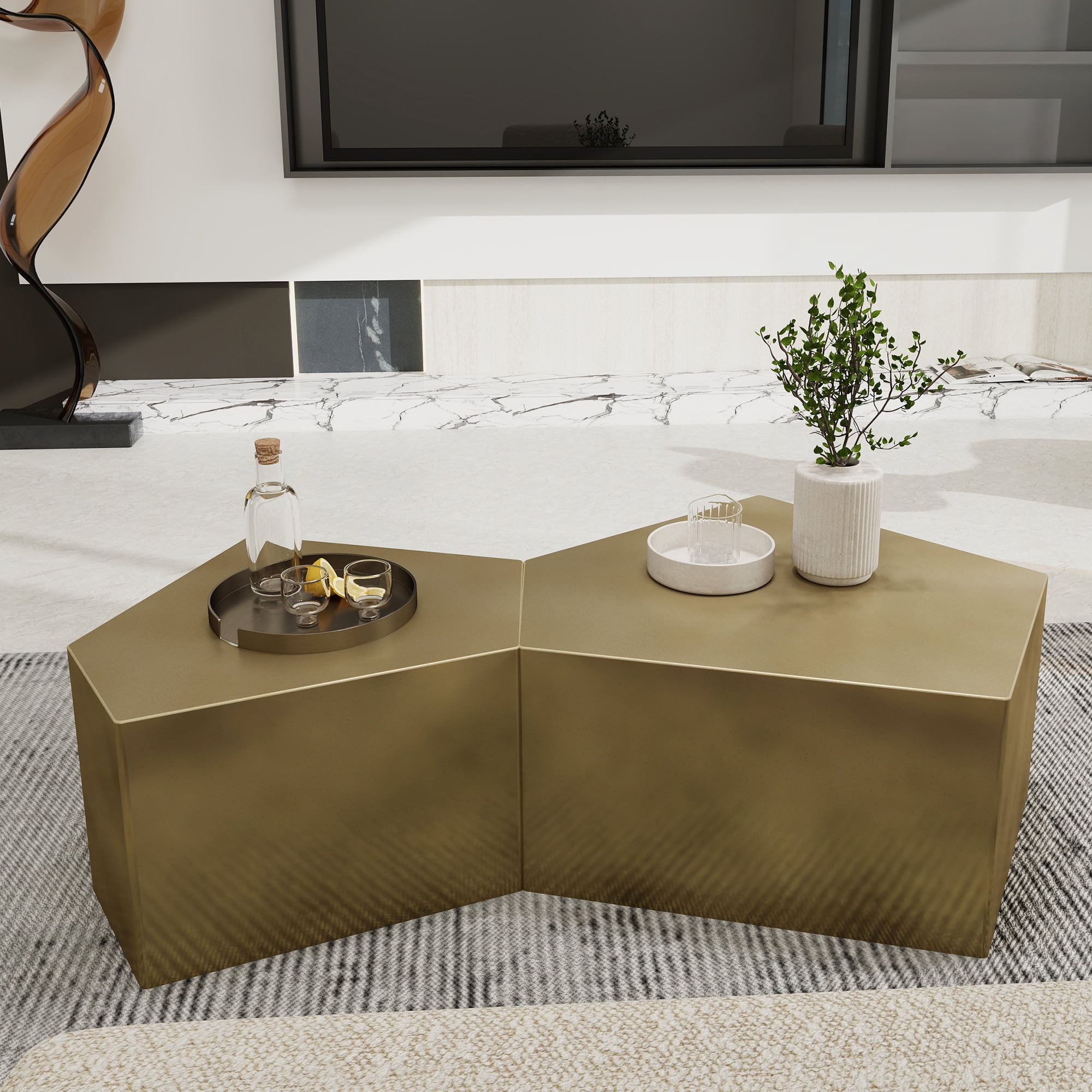 MDQMD Set of 2 Irregular Pentagon Modern Nesting Coffee Table, Gold ...