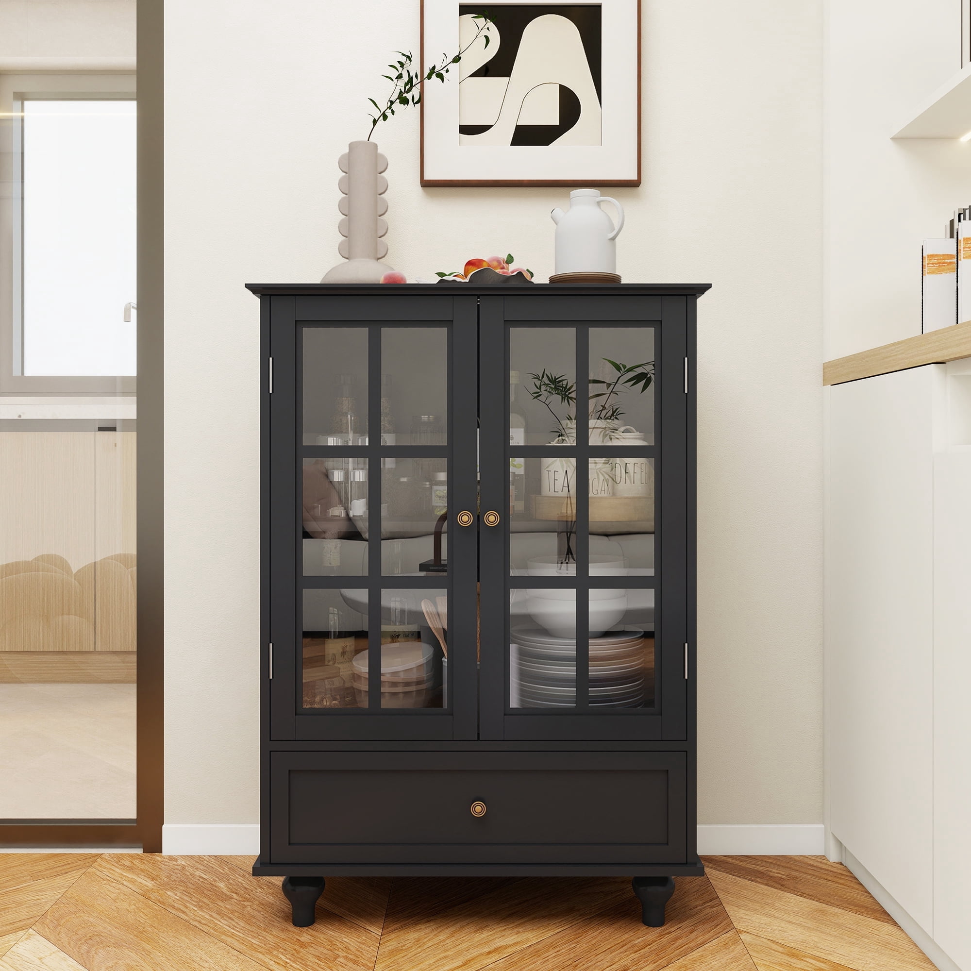MDQMD Small Black Storage Cabinet with Glass Door & Adjustable Shelf ...