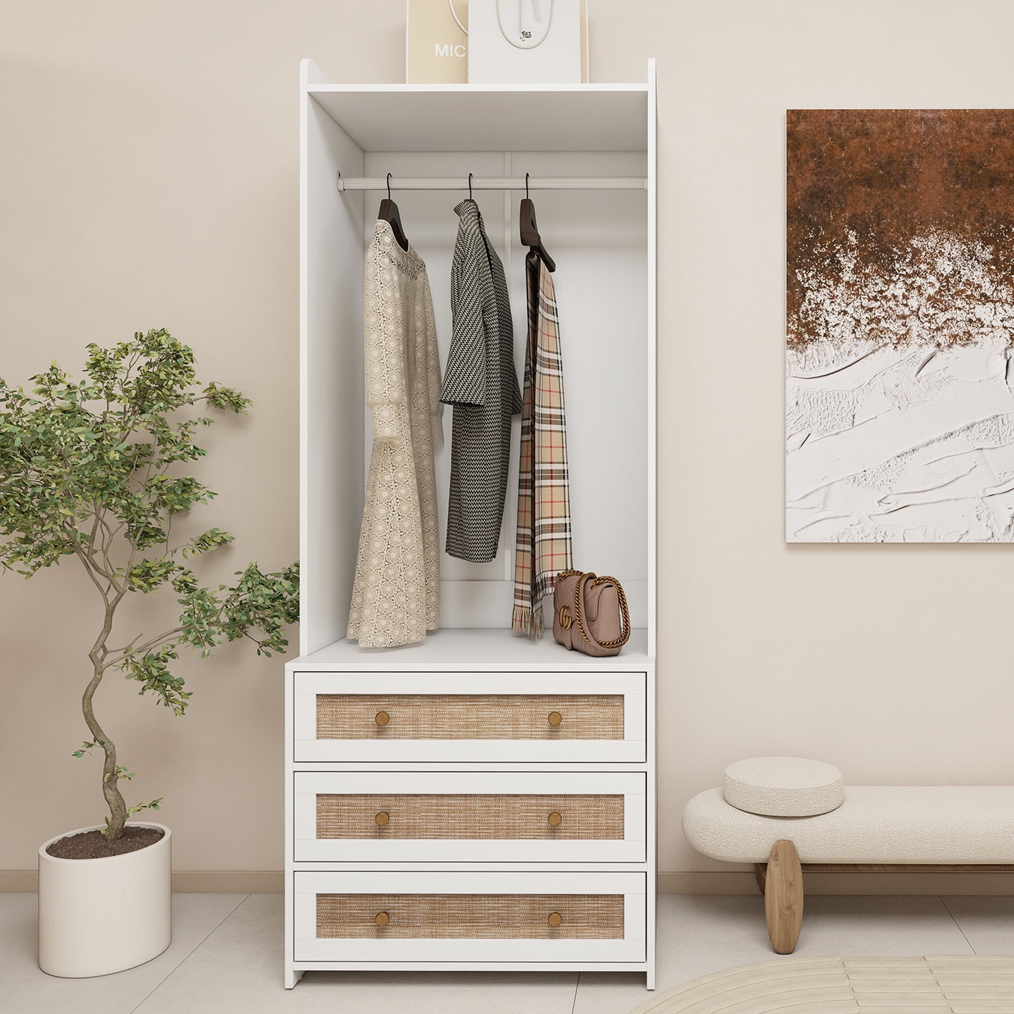 MDQMD White Wardrobe with Hanging Rod for Bedroom,Open Armoire with 3 ...