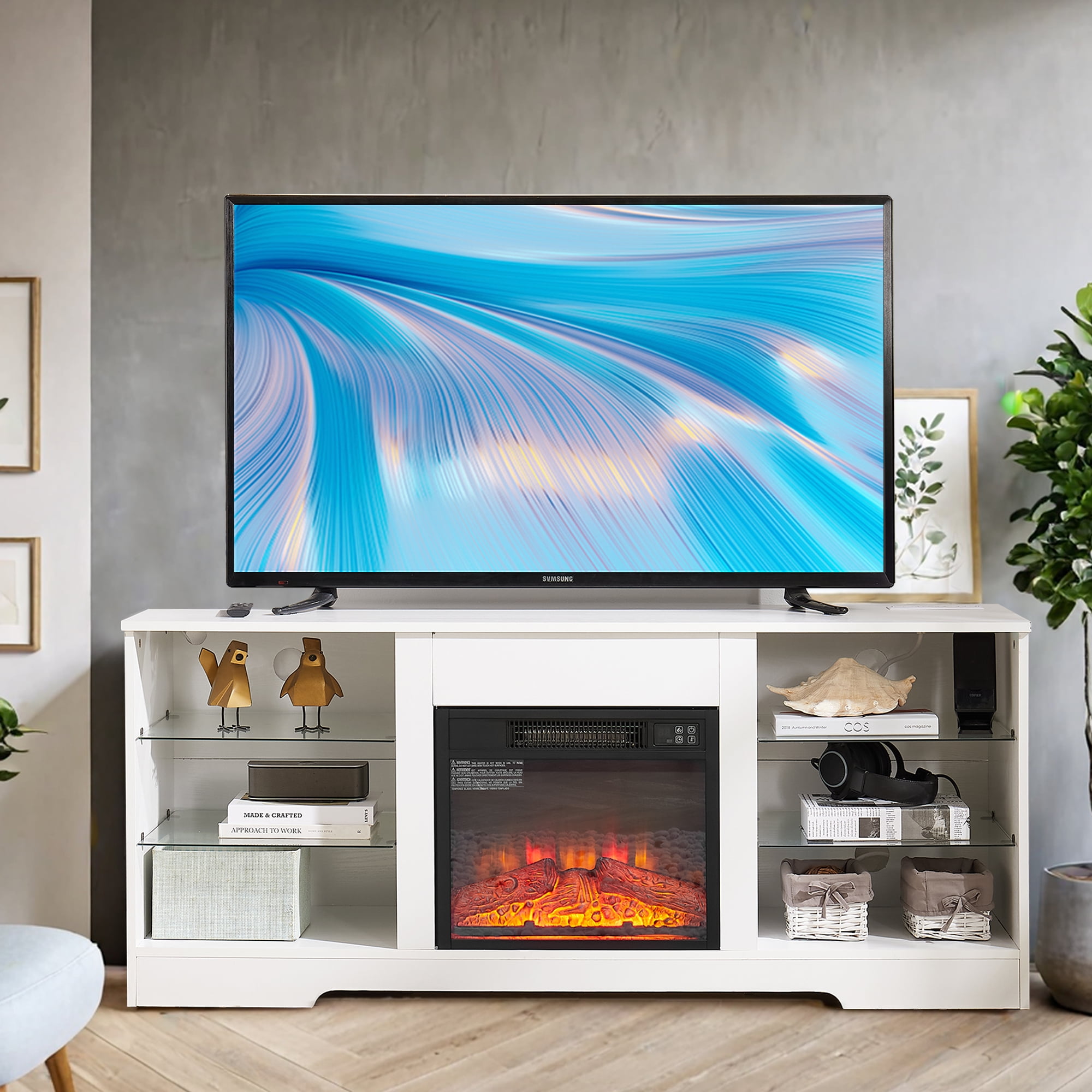 MDQMD Wooden TV Stand with Fireplace,Lighted Console Table with Power ...
