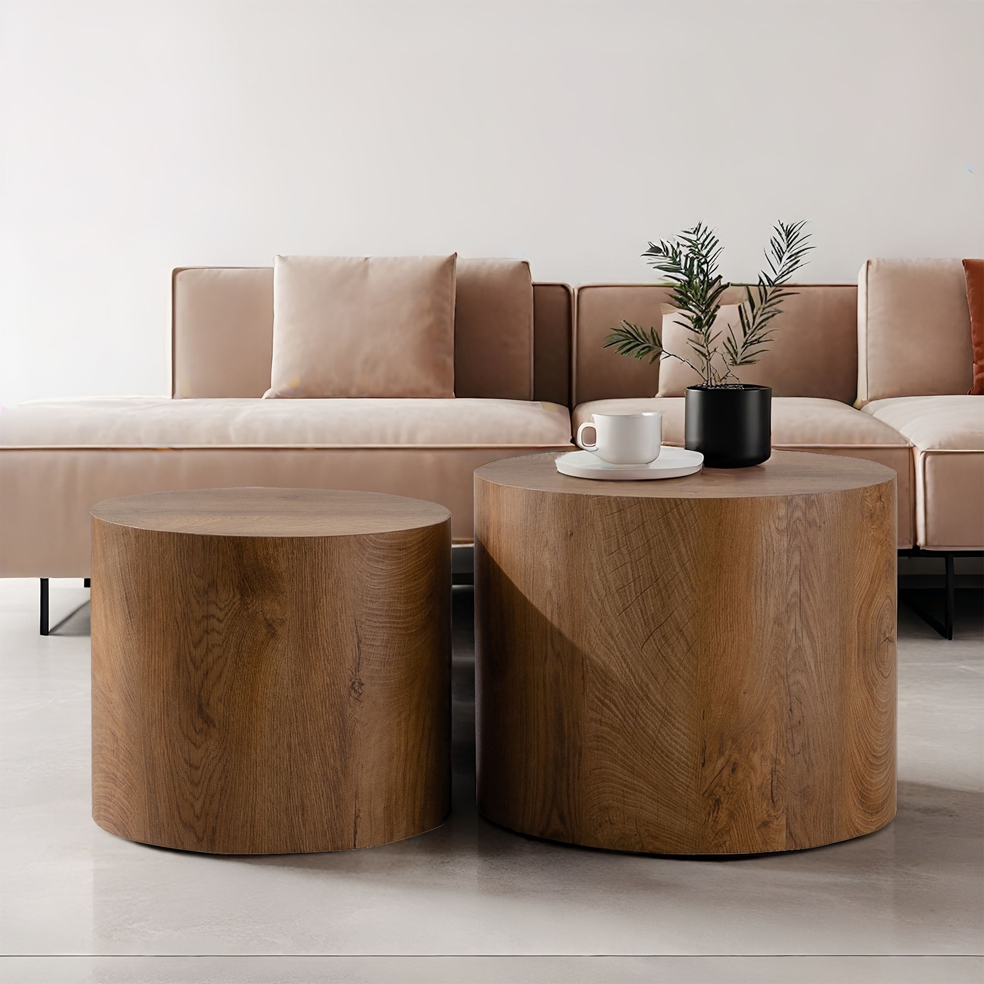 MDQMD Wood Drum Coffee Table Set of 2 - Waterproof MDF Nesting Tables ...