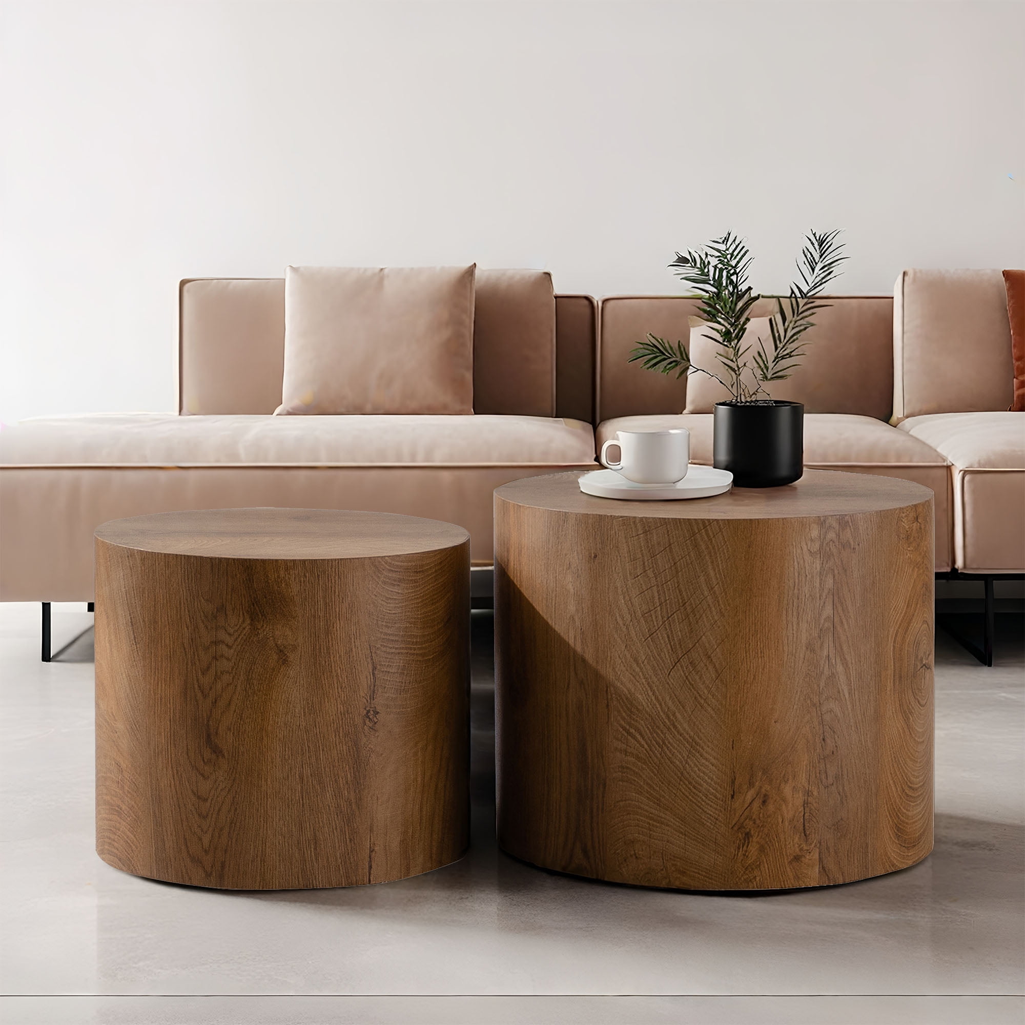 MDQMD Wood Drum Coffee Table Set of 2 - Waterproof MDF Nesting Tables ...