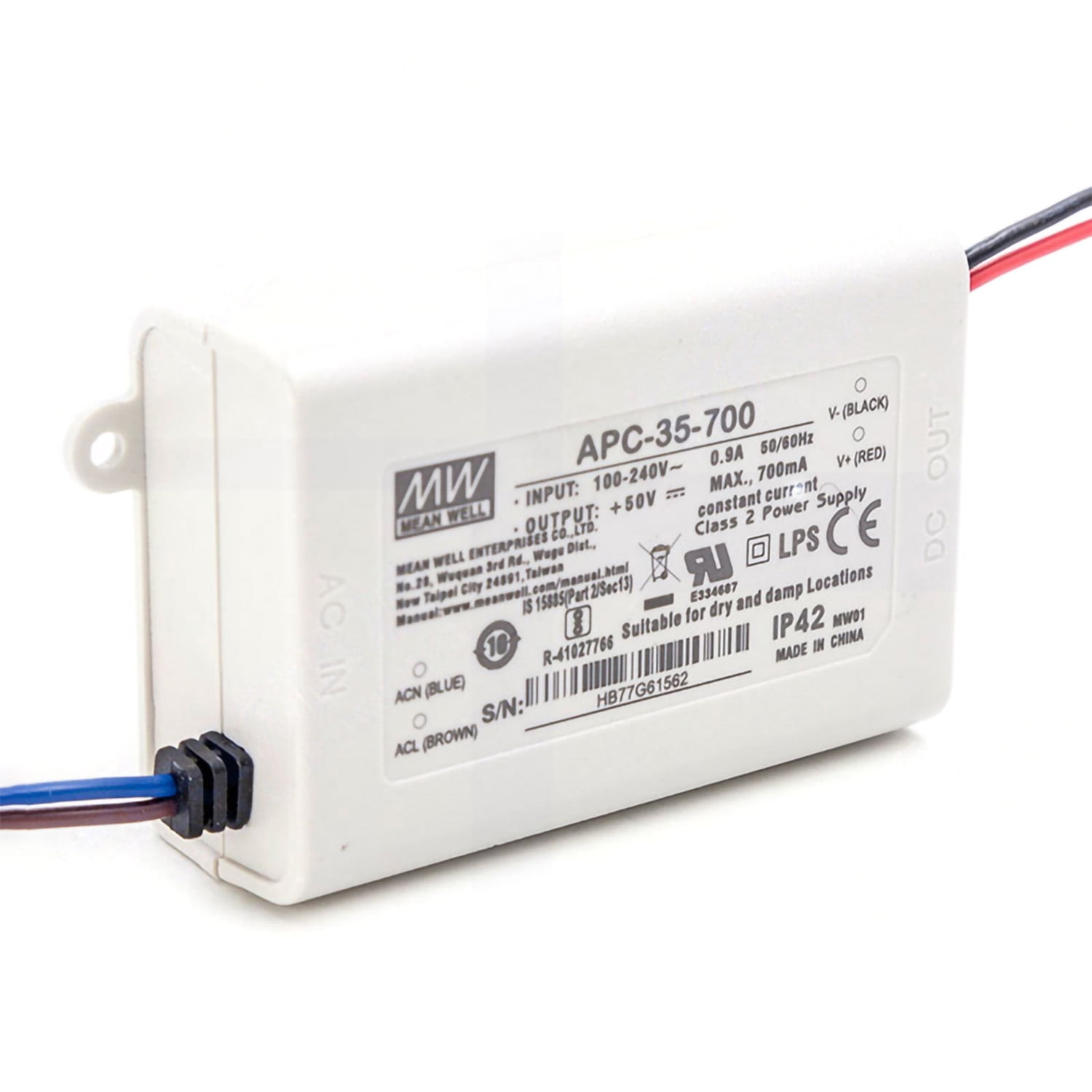 MEAN WELL APC-35-700 36V 700mA 35W Constant Current LED Driver, IP42 ...