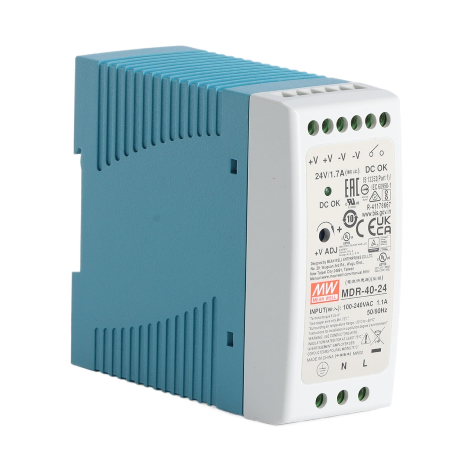 MEAN WELL MDR-40-24 24V 40.8W DIN Rail Power Supply, 88% Efficiency ...
