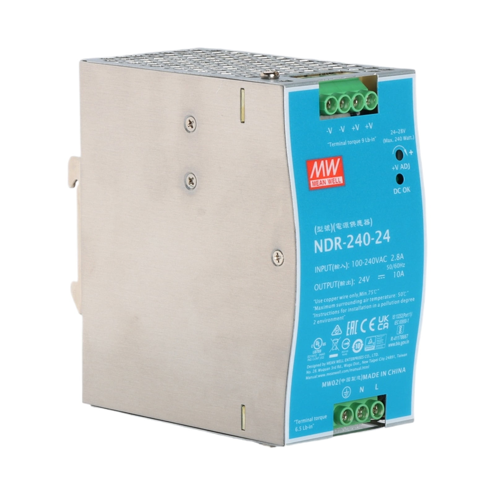 MEAN WELL NDR-240-24 240W DIN Rail Power Supply, 24V Output, PFC, Industrial Automation Use ...