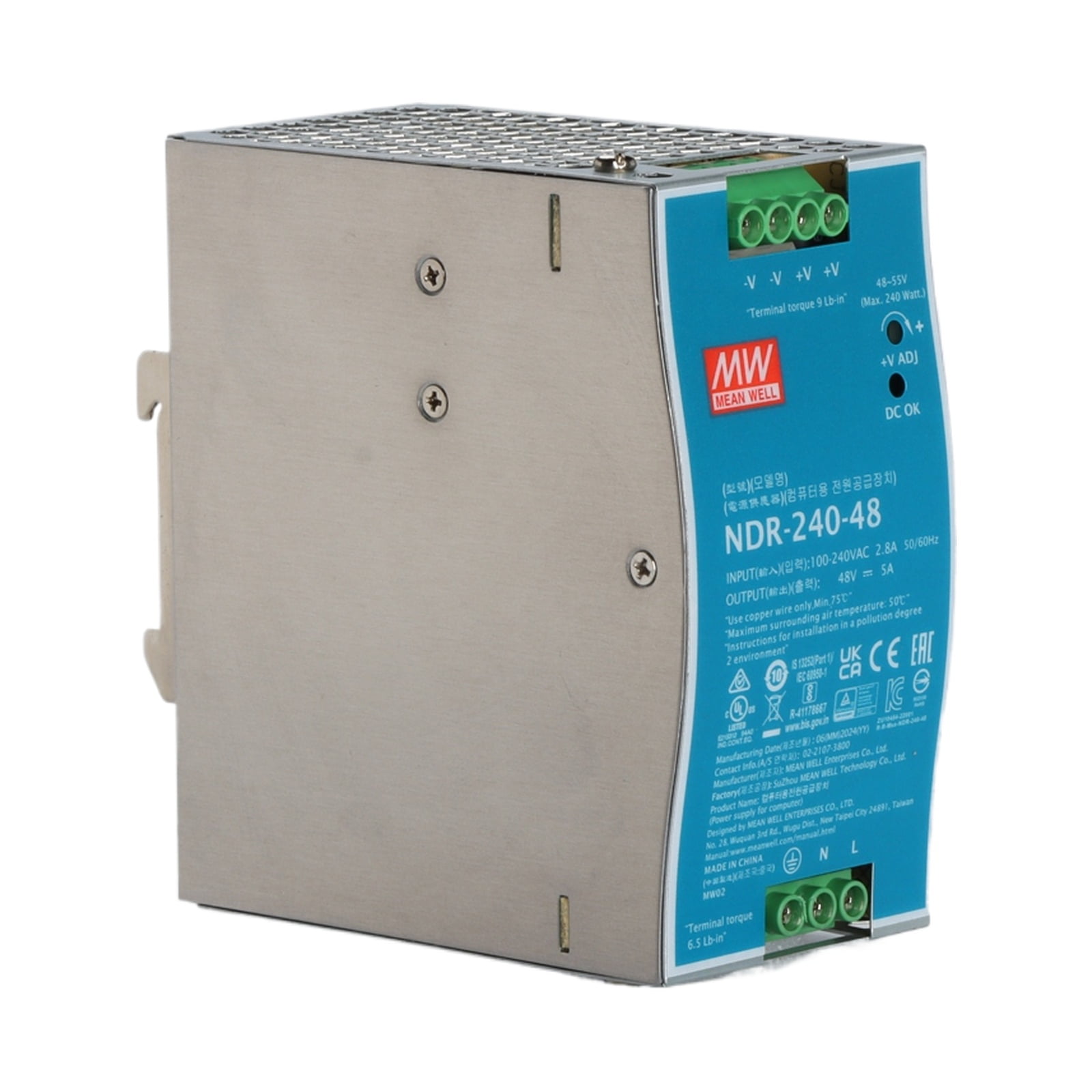MEAN WELL NDR-240-48 48V 240W DIN Rail Power Supply with PFC, High Efficiency for Industrial Use ...
