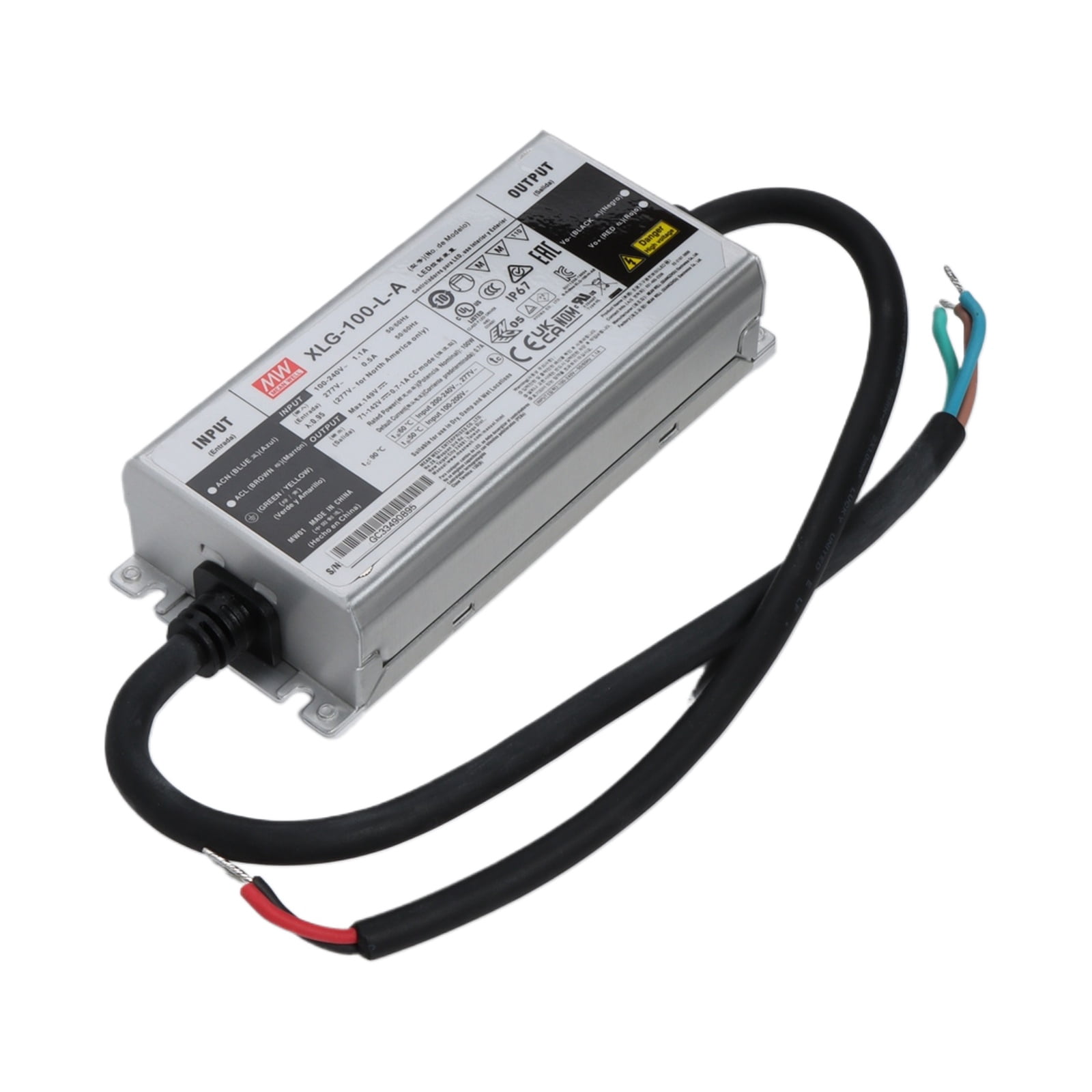 MEAN WELL XLG-100-L-A 24V 100W LED Driver, IP67 Waterproof, 92.5% ...
