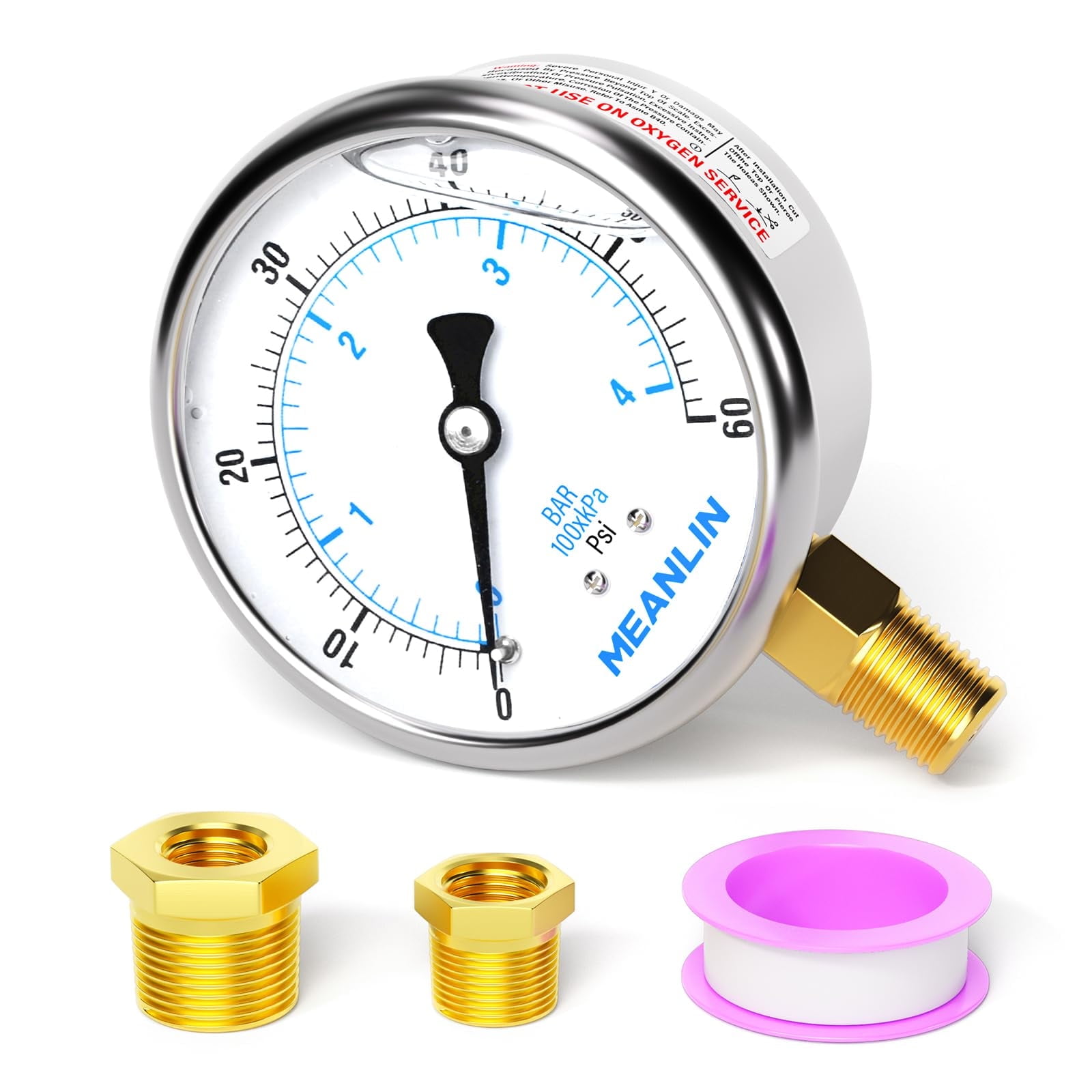 MEANLIN MEASURE 0~60Psi Stainless Steel 1/4" NPT 2.5" FACE DIAL Liquid Filled Pressure Gauge ...