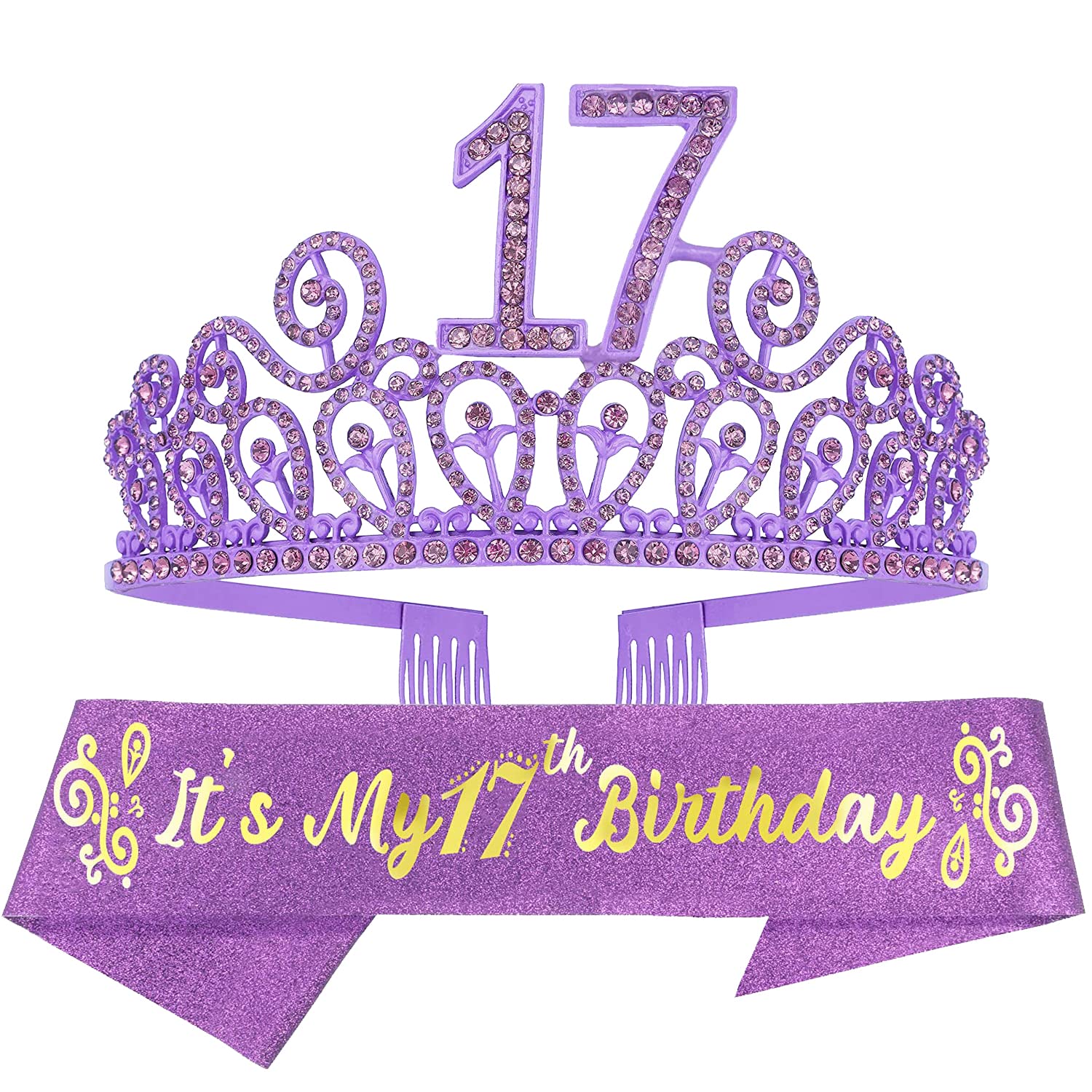 MEANT2TOBE 17th Birthday Purple Party Pack: Crown, Tiara, Sash & Gifts ...