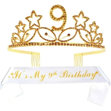 MEANT2TOBE Gold 14th Birthday Sash and Tiara Set - Glitter Sash + Ripples Rhinestone Premium ...