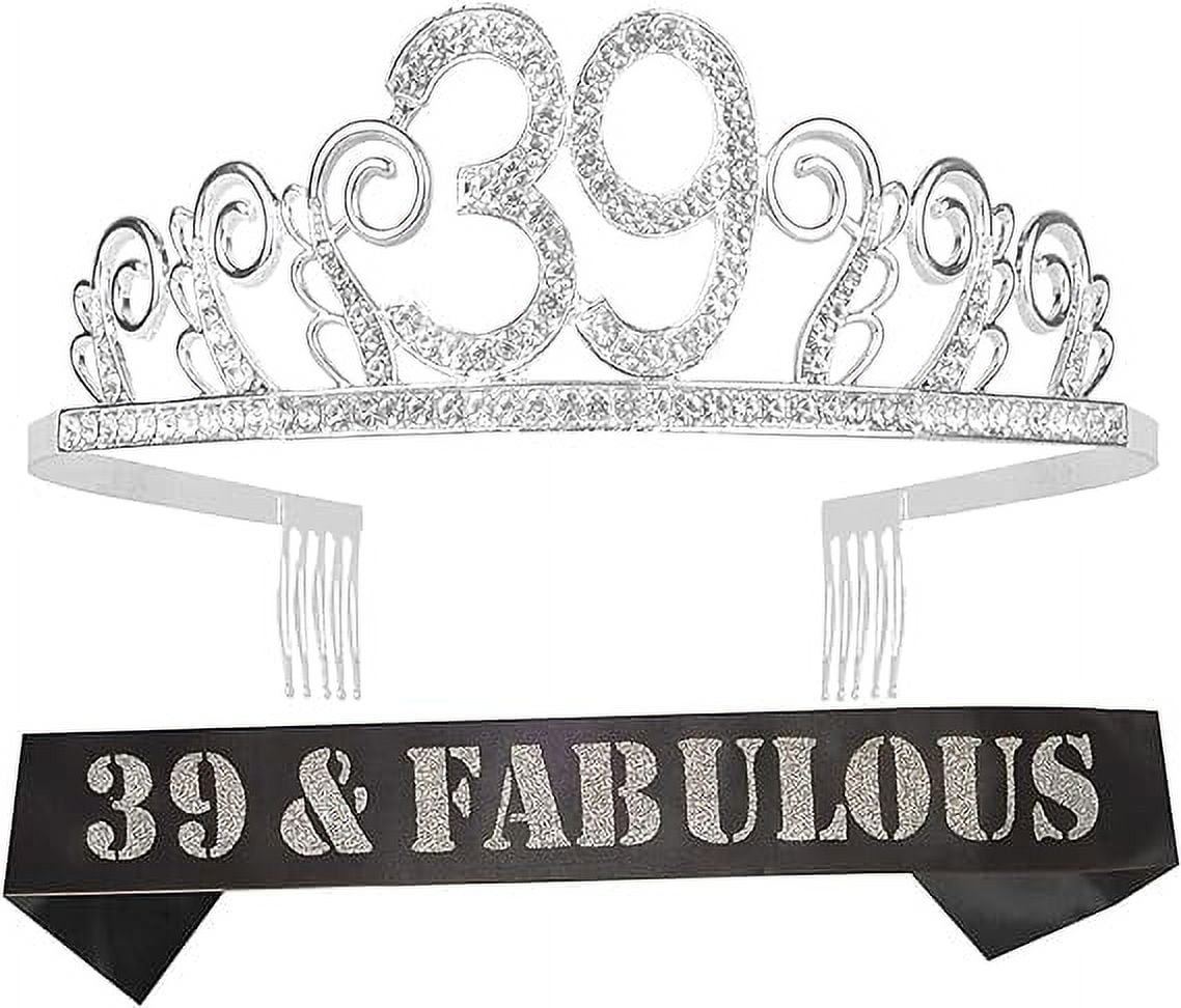 MEANT2TOBE Fabulous 39th Birthday Sash and Tiara Set - Glitter Sash + Waves Rhinestone Tiara for ...