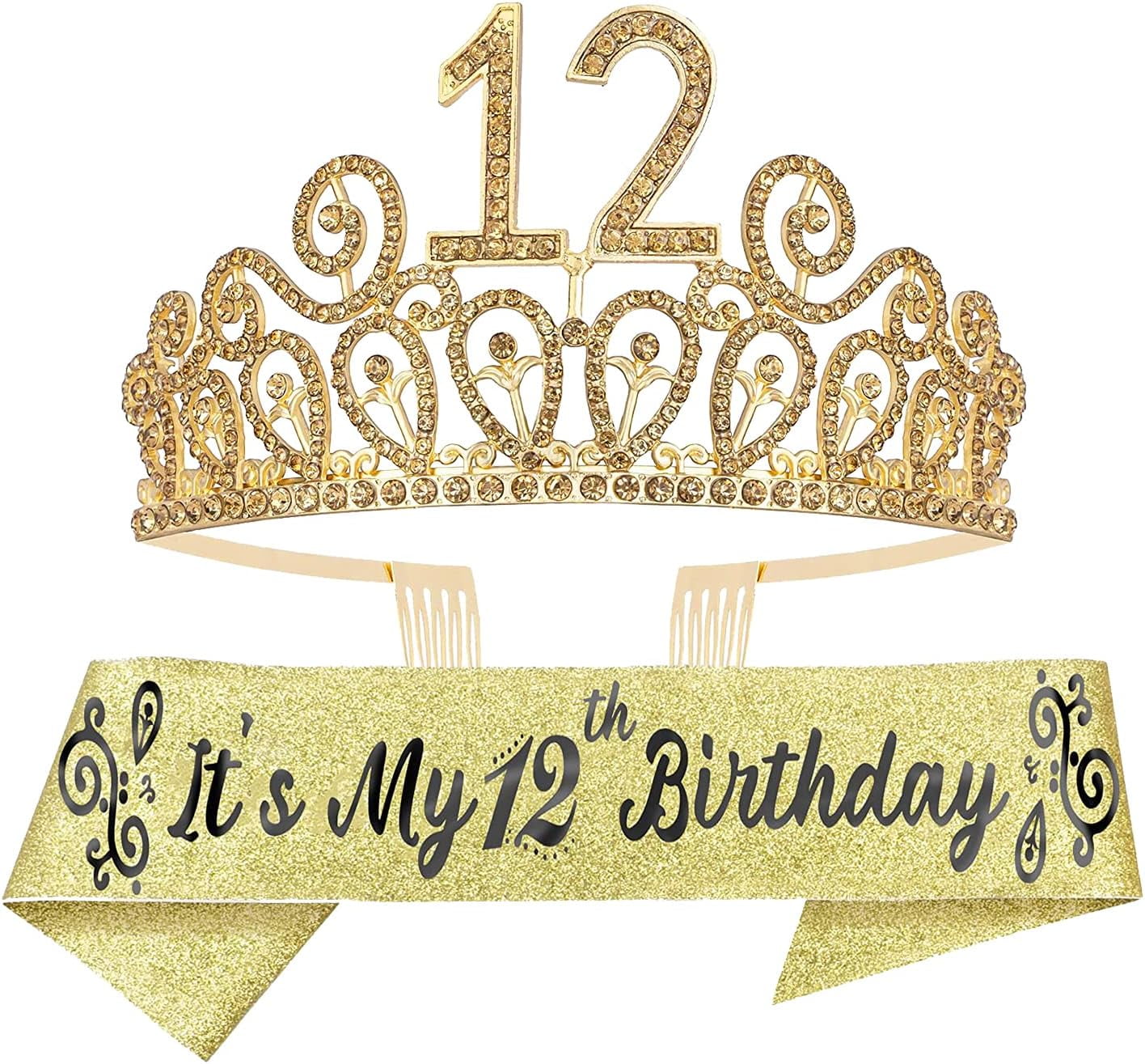 MEANT2TOBE Gold 12th Birthday Sash and Tiara for Girls - Glitter Sash ...