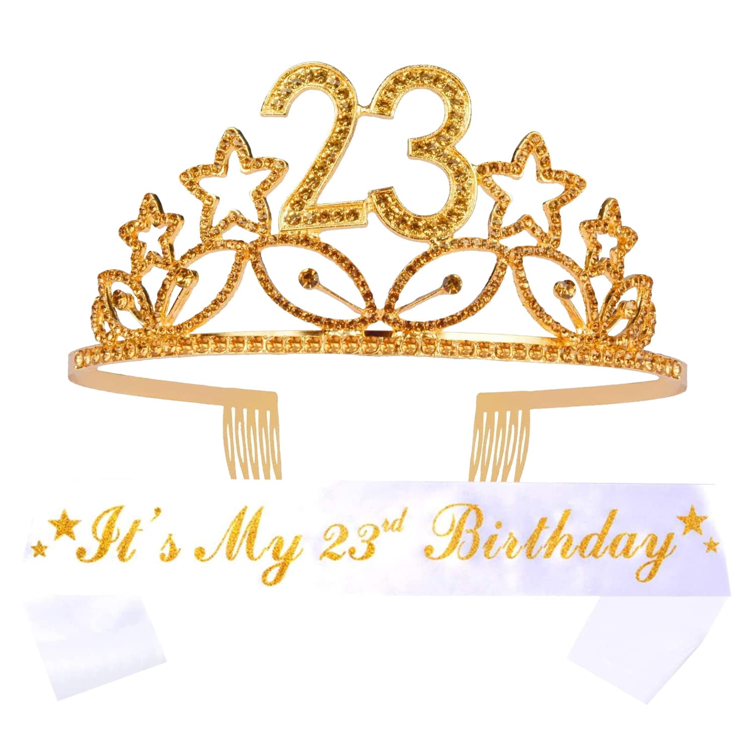 MEANT2TOBE Gold 23rd Birthday Sash and Tiara Set - Glitter Sash + Stars ...
