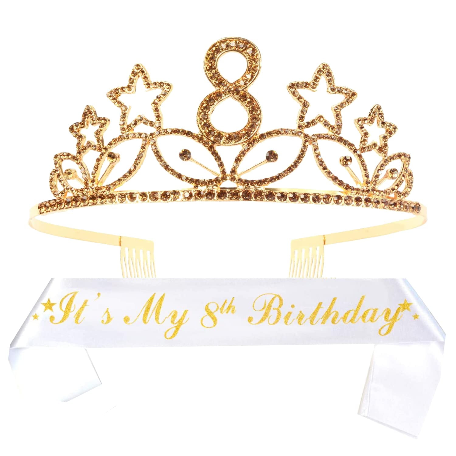 MEANT2TOBE Gold 8th Birthday Sash and Tiara for Girls - Glitter Sash + Rhinestone Tiara, Perfect ...
