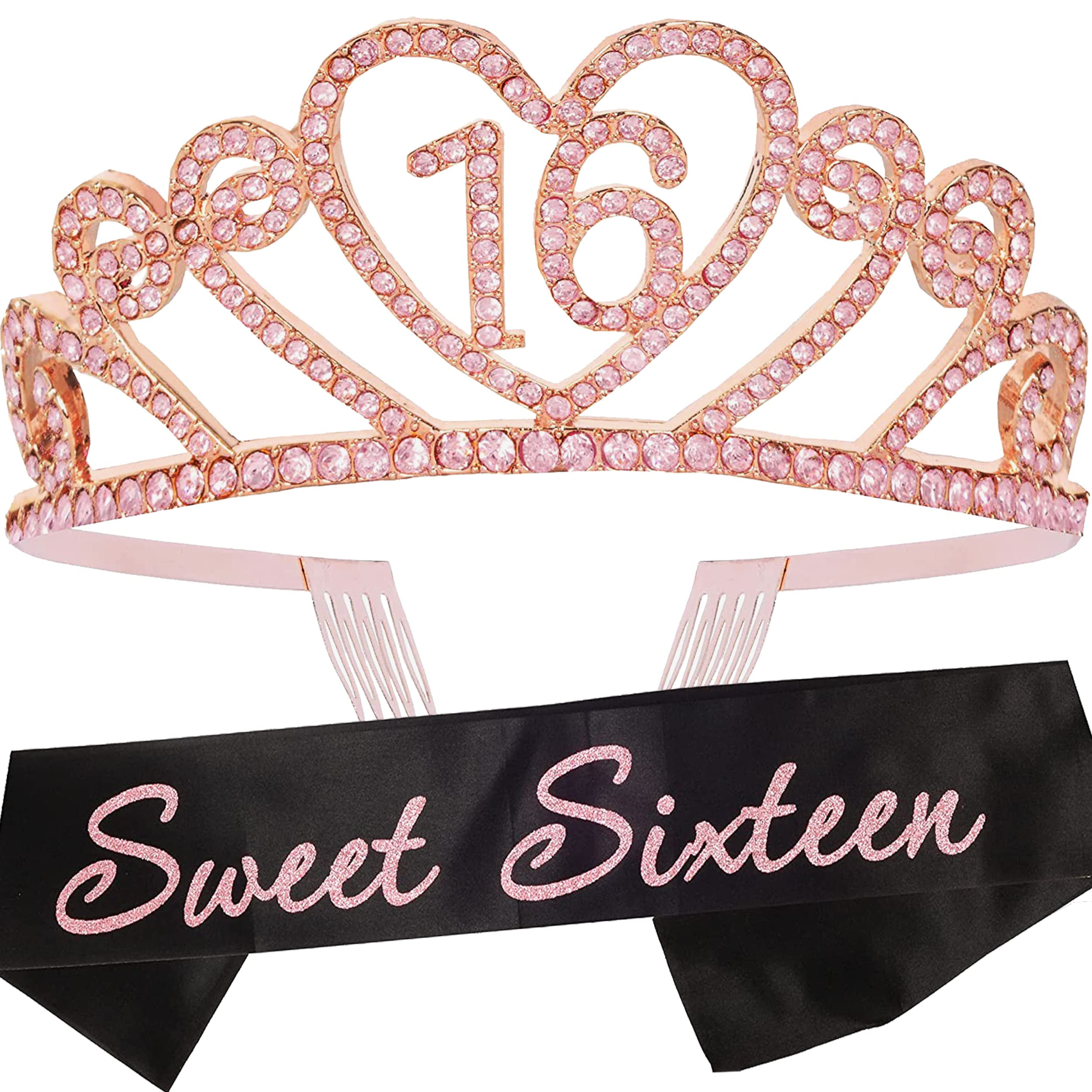 Meant2ToBe Sweet 16 Birthday Sash and Tiara Set, Glitter Sash, Pink Rhinestone Crown - Walmart.com