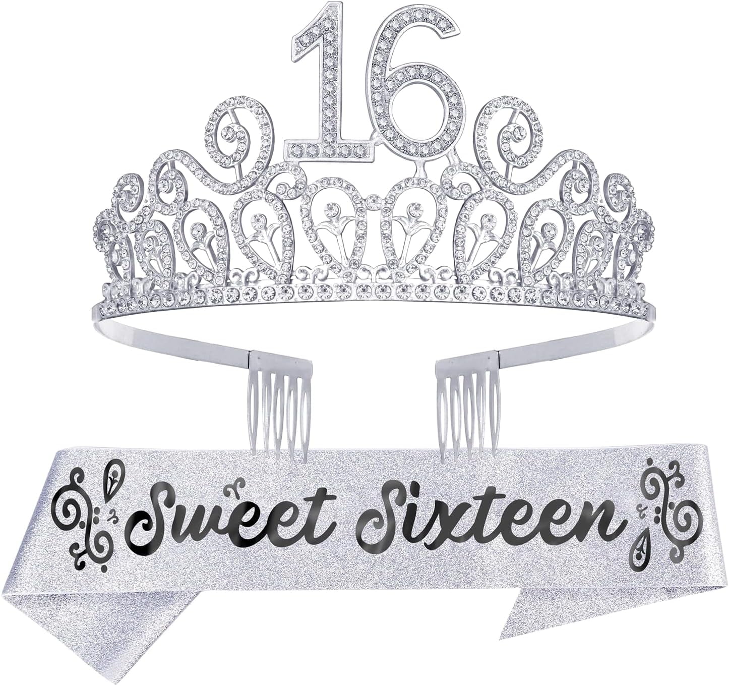 MEANT2TOBE - Meant2Be Sweet 16 Glitter Sash & Rhinestone Silver Tiara Set - Walmart.com