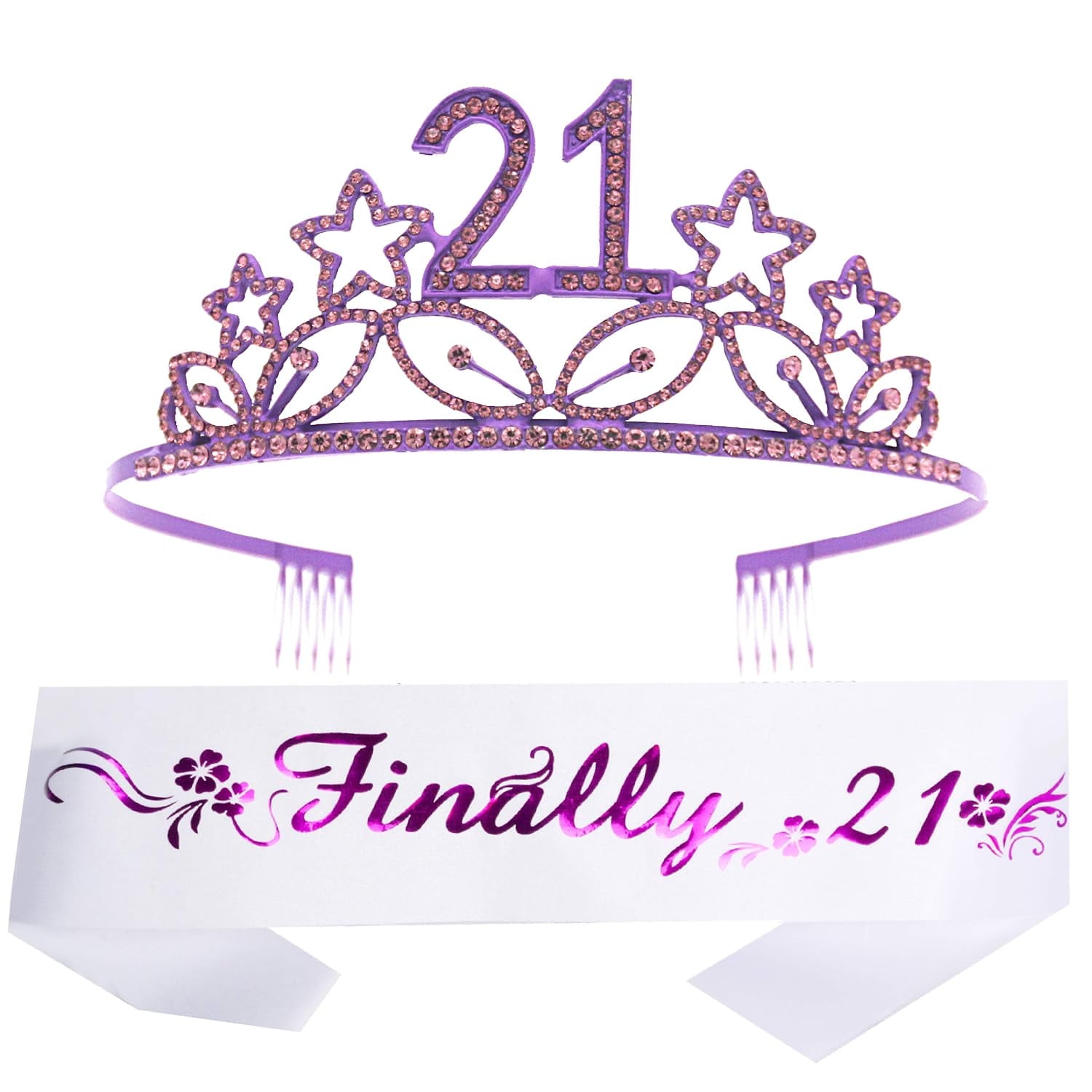 MEANT2TOBE Purple 21st Birthday Sash and Tiara Set - Glitter Sash + Stars Rhinestone Premium ...