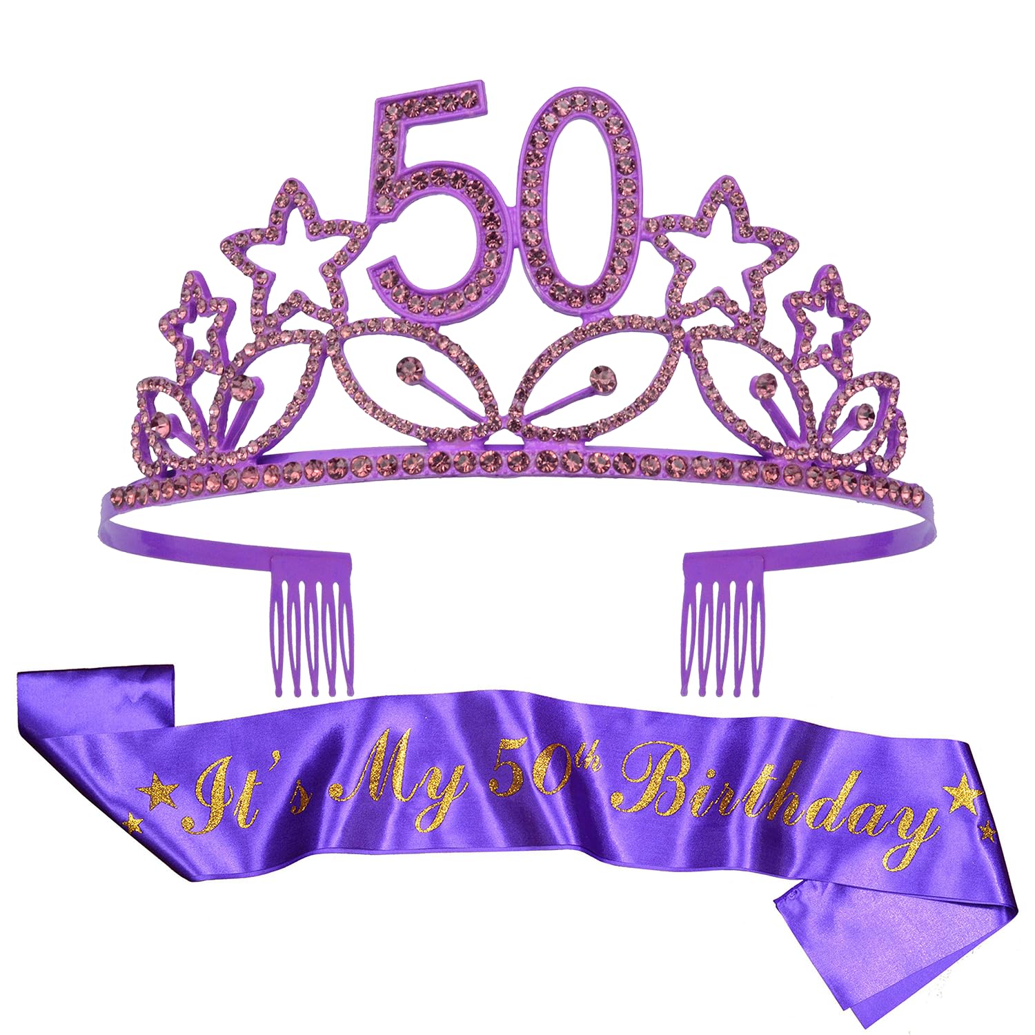 MEANT2TOBE Purple 50th Birthday Sash and Tiara Set - Glitter Sash + Rhinestone Tiara for Women ...
