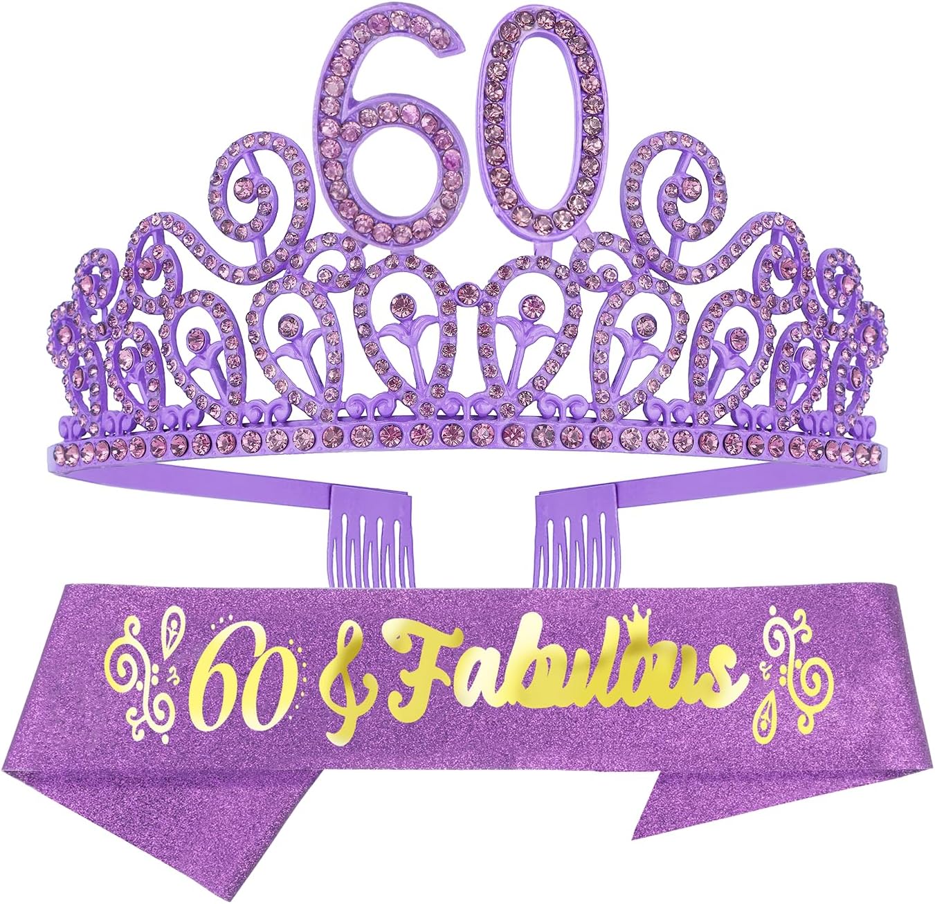 MEANT2TOBE Purple 60th Birthday Sash and Tiara Set - Glitter Sash + Rhinestone Tiara, Perfect ...