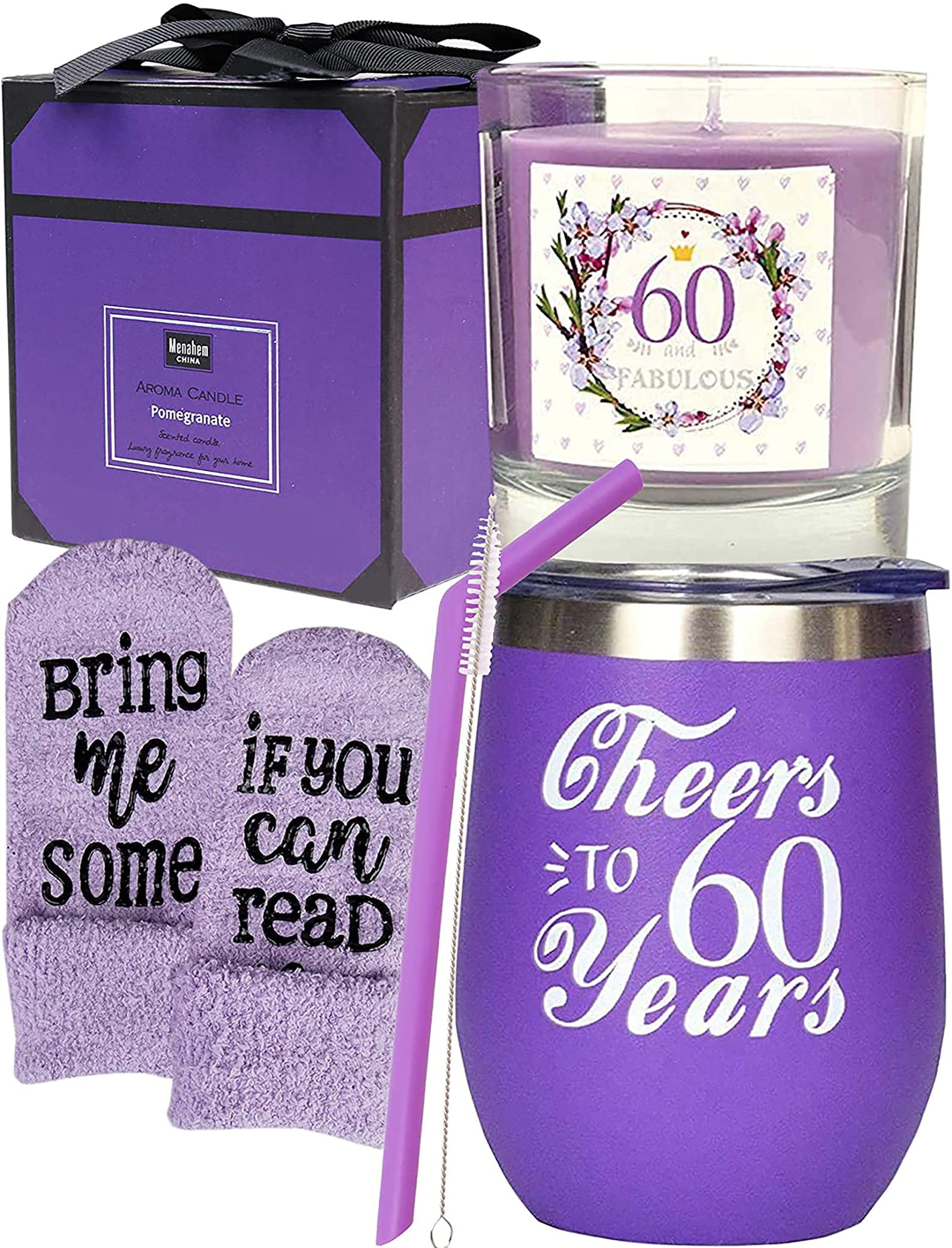 MEANT2TOBE 60th Birthday Purple Tumbler Gift Set for Women - Happy ...