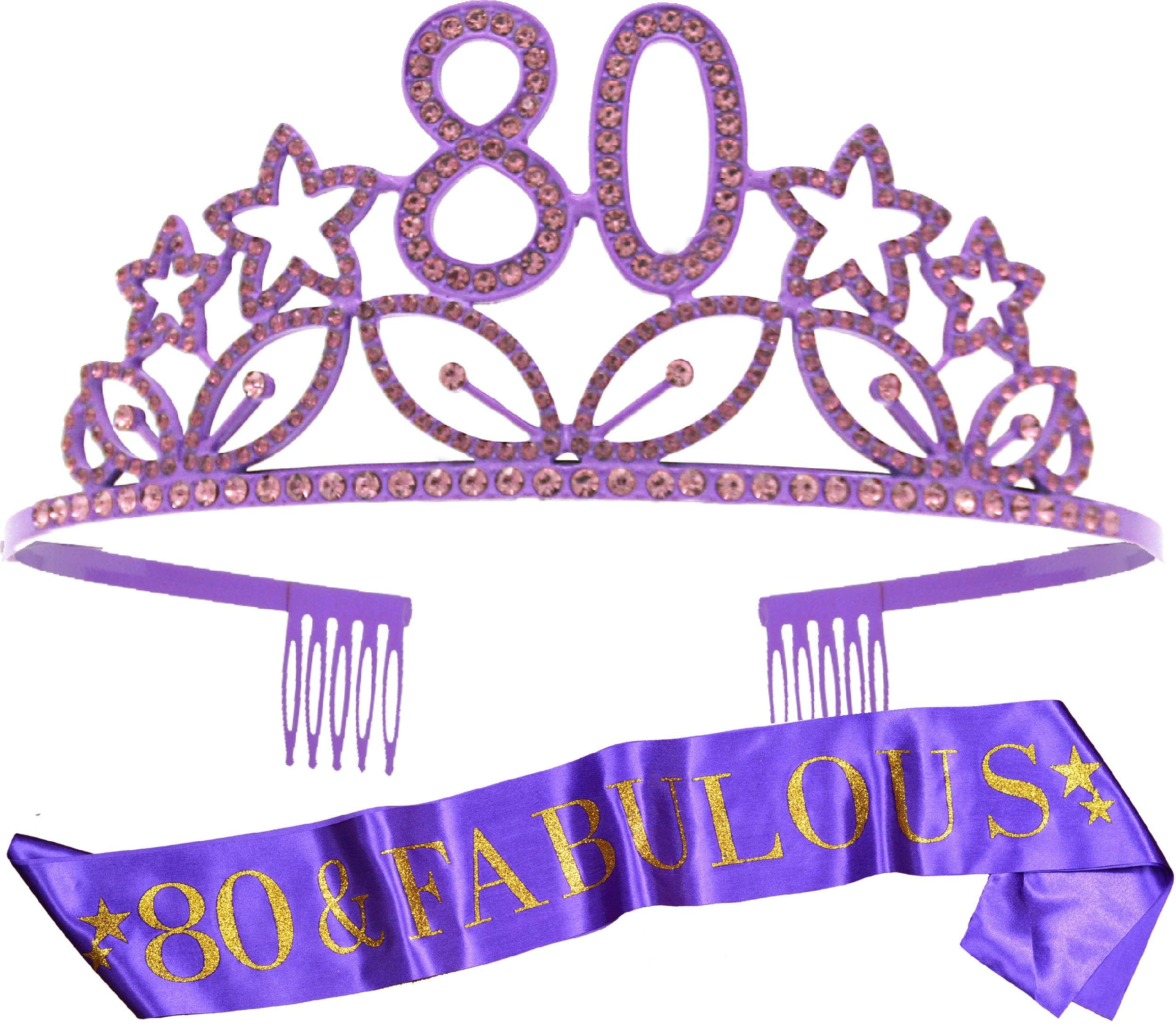 MEANT2TOBE Purple 80th Birthday Sash and Tiara Set - Glitter Sash with Rhinestone Tiara for ...