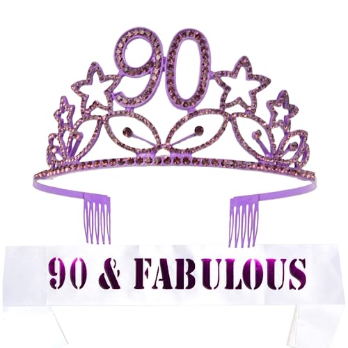 MEANT2TOBE Purple 90th Birthday Sash and Tiara Set - Glitter Sash + Rhinestone Tiara for Women ...