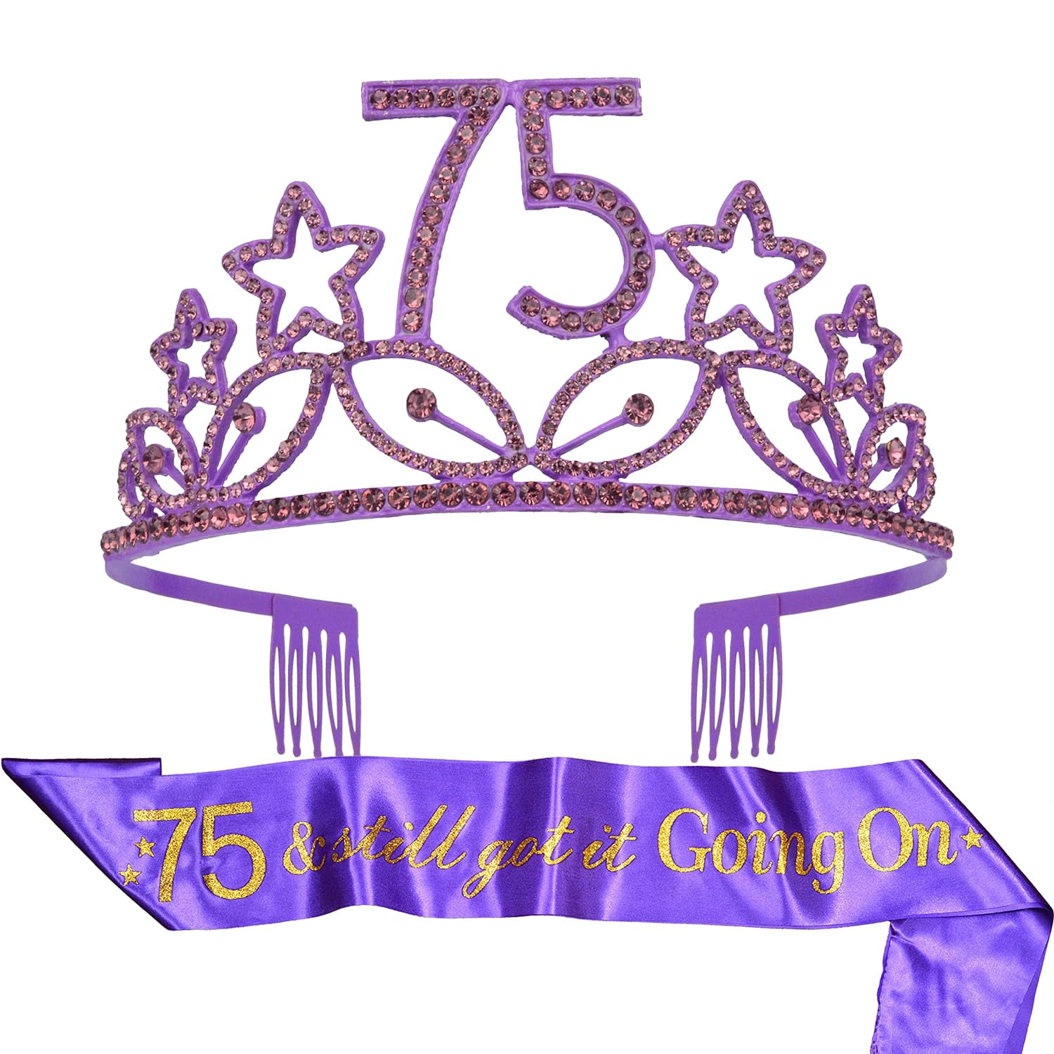MEANT2TOBE Purple Glitter Sash and Rhinestone Tiara Set - Premium Metal Tiara with Stars for ...