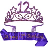 MEANT2TOBE Purple 13th Birthday Sash and Tiara Set - Glitter Sash + Stars Rhinestone Premium ...