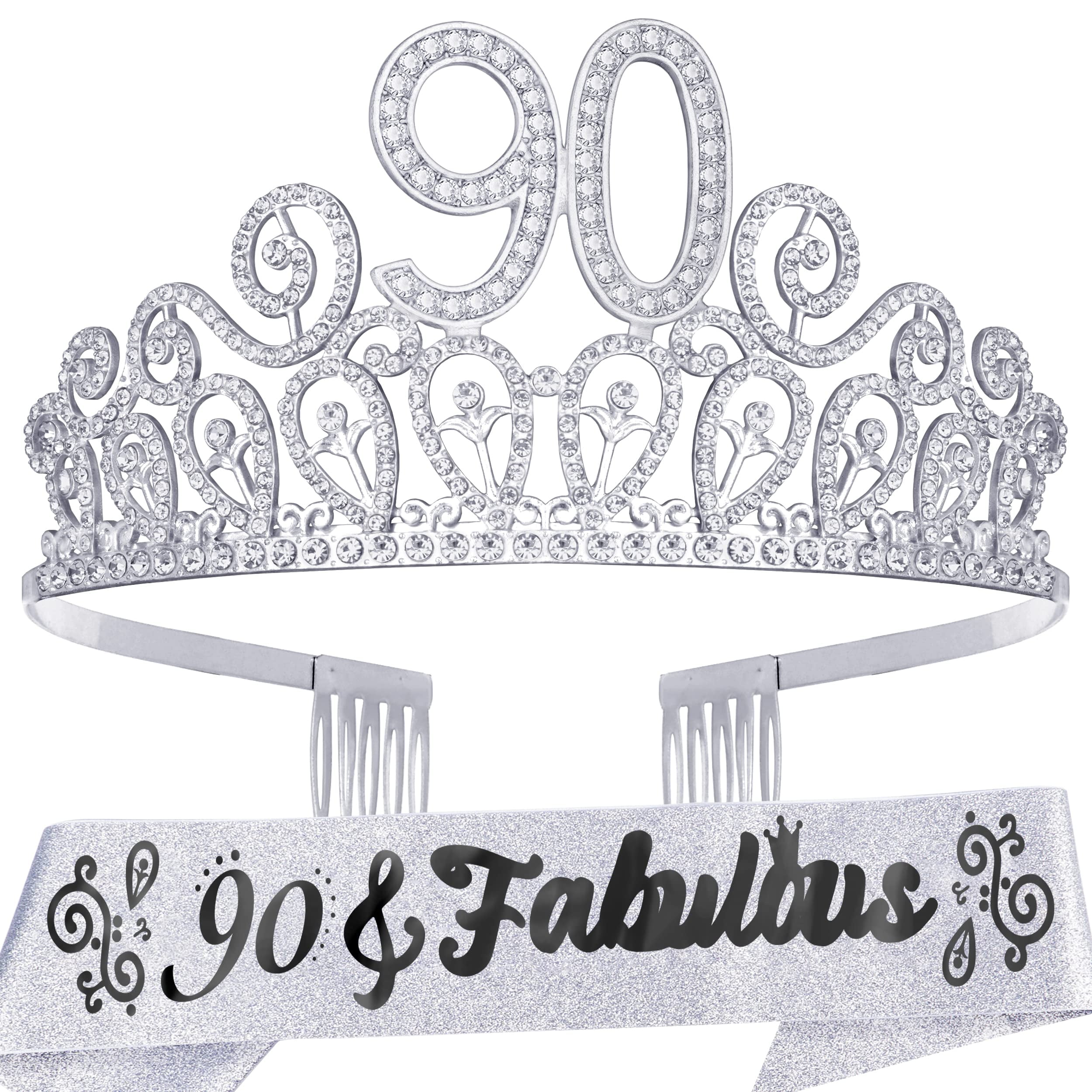 MEANT2TOBE Silver 90th Birthday Sash and Tiara Set - Fabulous Glitter Sash + Ripples Rhinestone ...