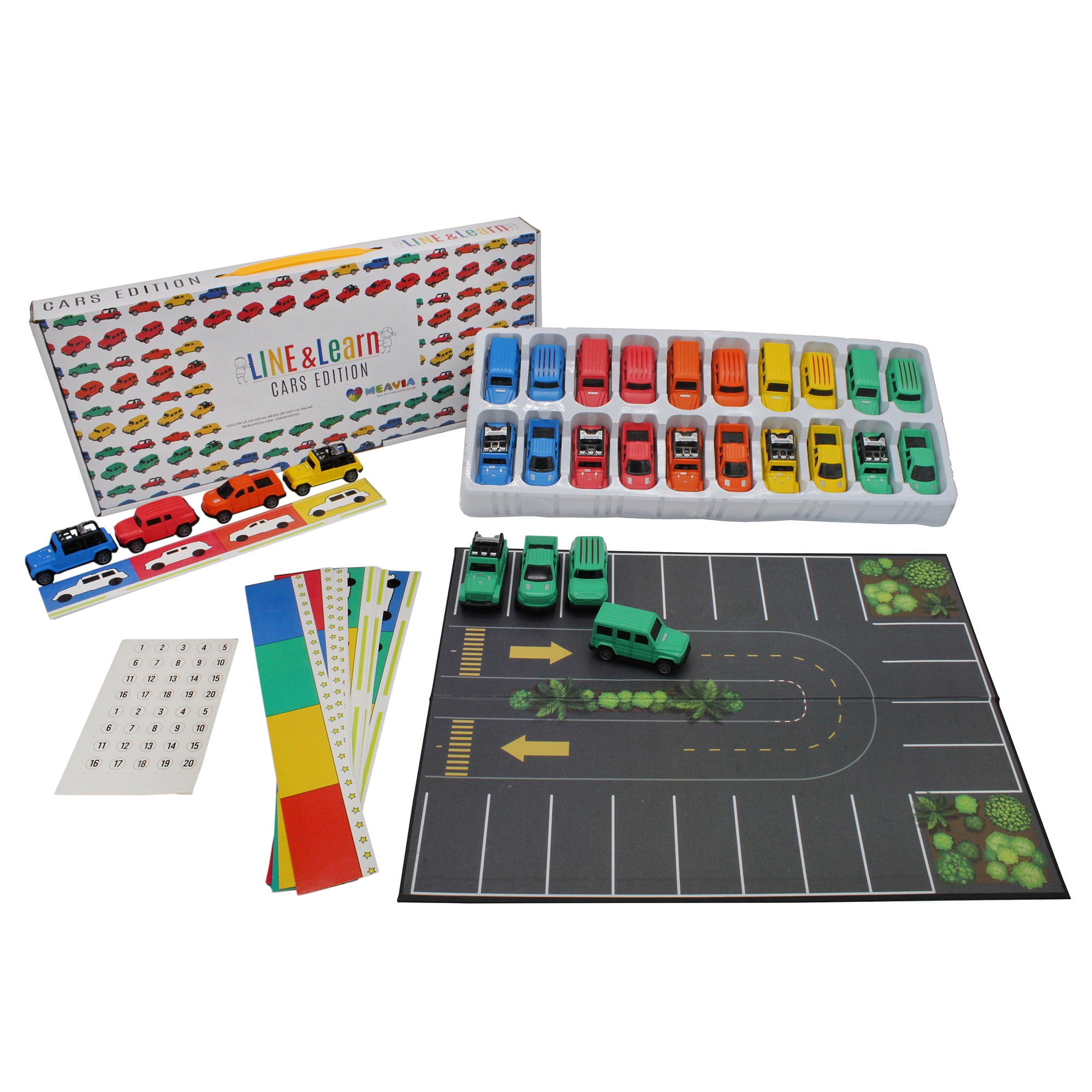 MEAVIA Line Up Sensory Toys Playset, 32-Piece Toy Vehicle Set w/ Shapes, Colors and Counting ...