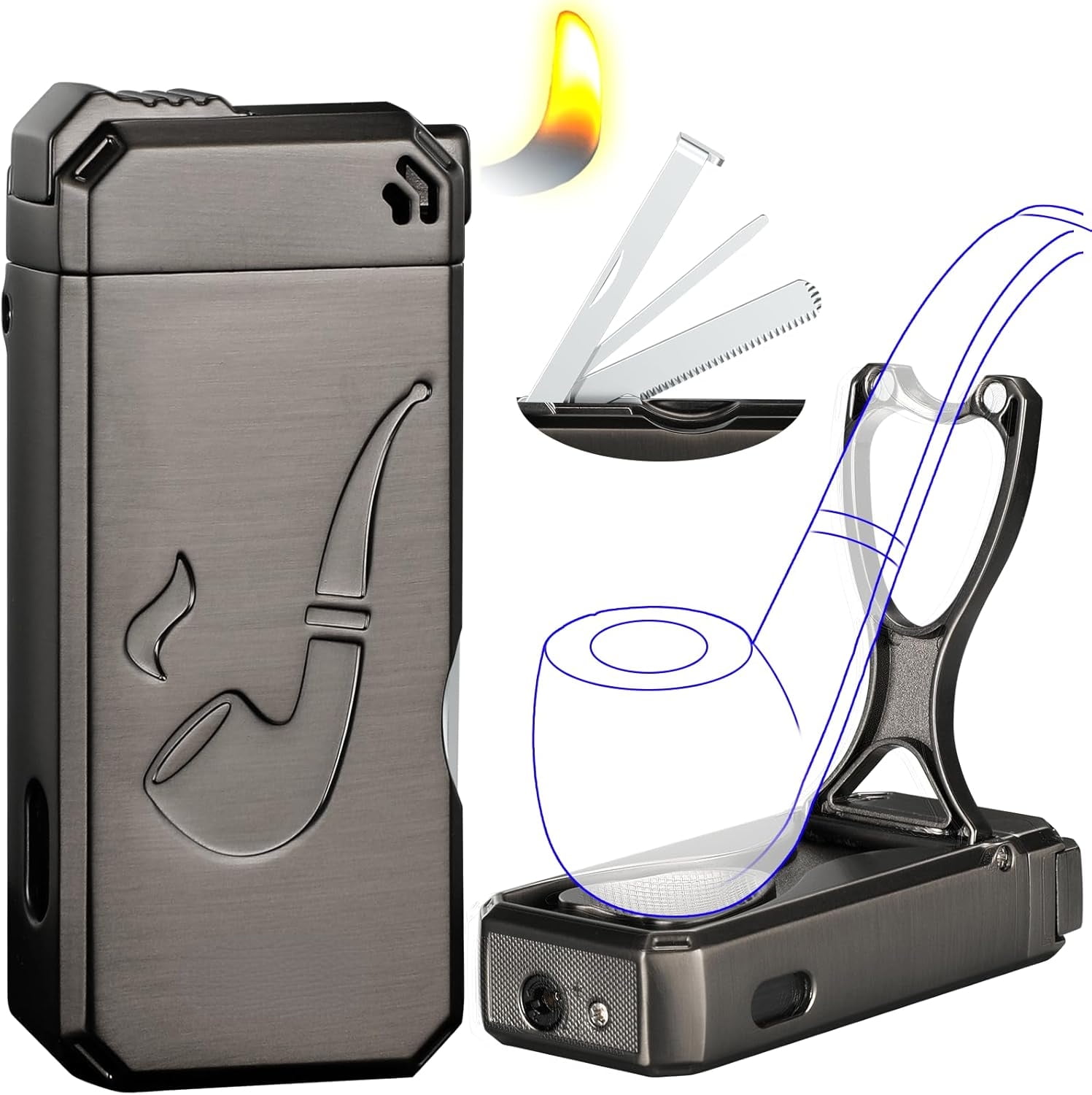 MEC Pipe Lighter with Stand, 3 in 1 Cleaner Tools, Butane Refillable ...