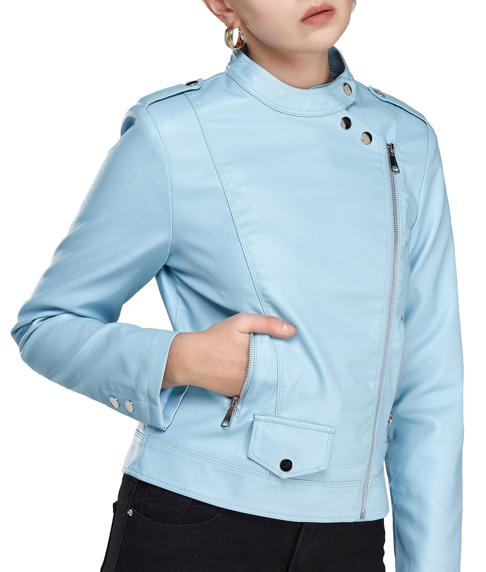 MECALA Womens PU Faux Leather Jacket Zip Up Moto Biker Short Jacket ...