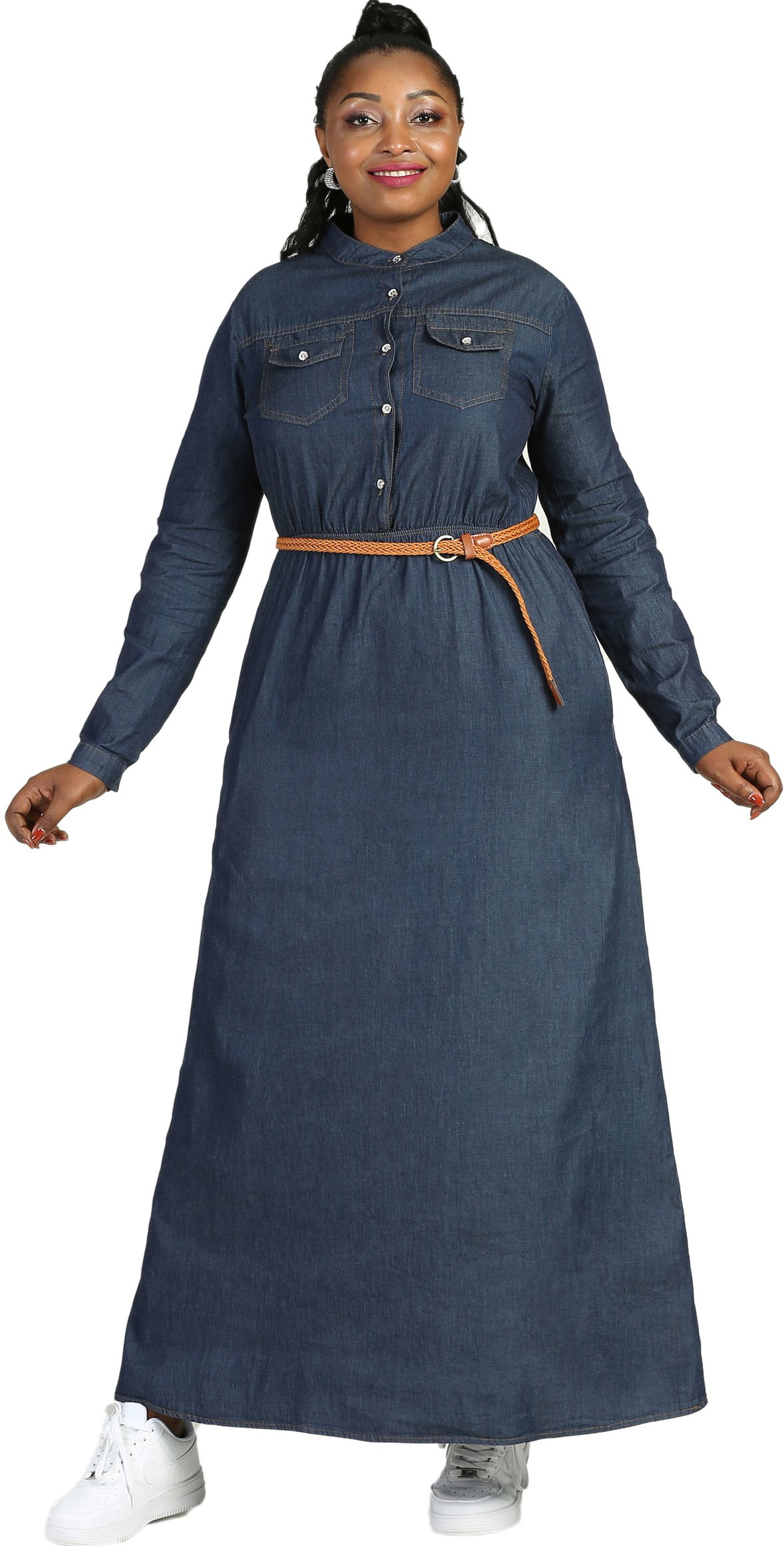Mecala Womens Plus Size Denim Maxi Dress Belted Roll Up Sleeve Long Shirt Dressdark Bluexl