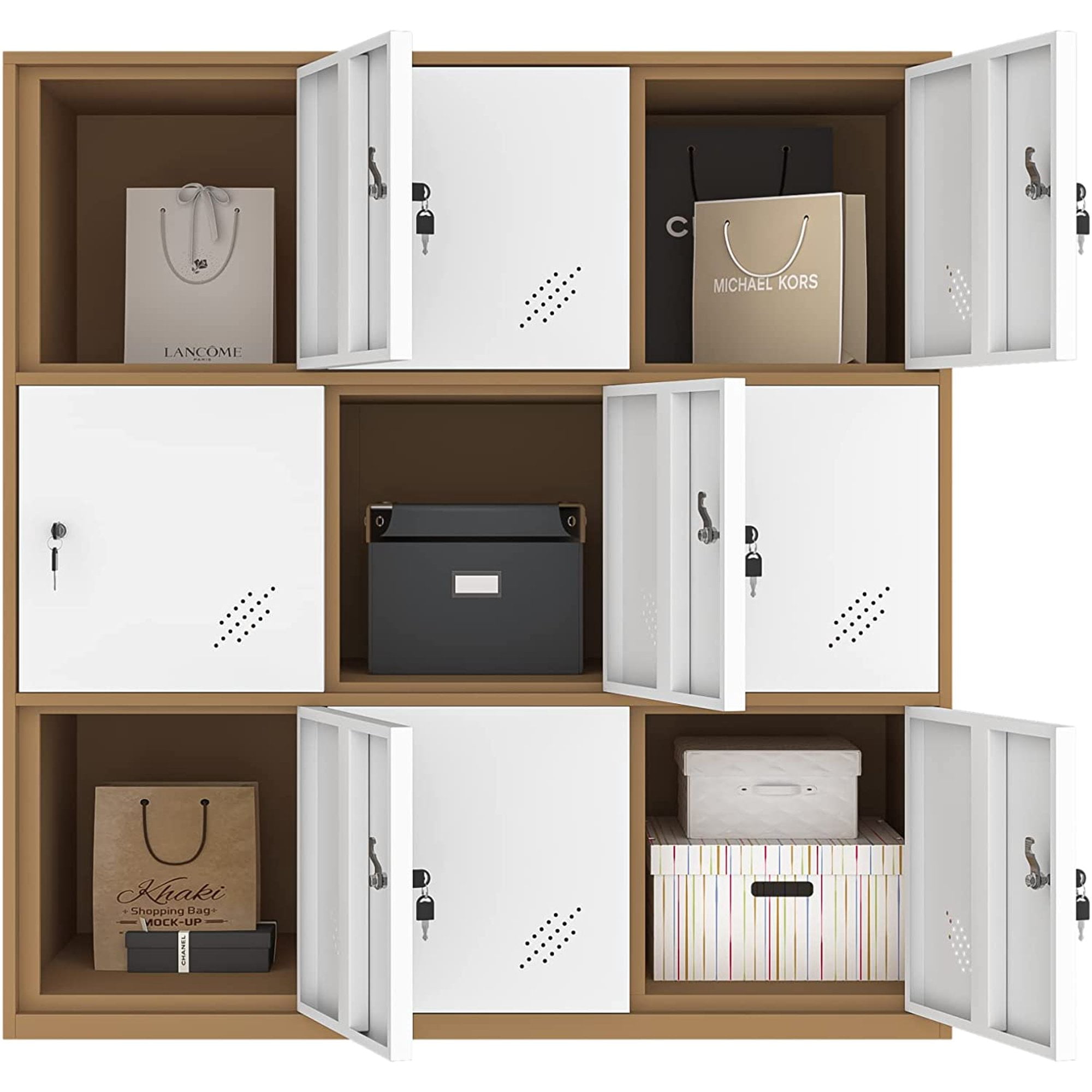 MECOLOR Brown body with white door 9 Door Metal Locker Cabinet Used for ...
