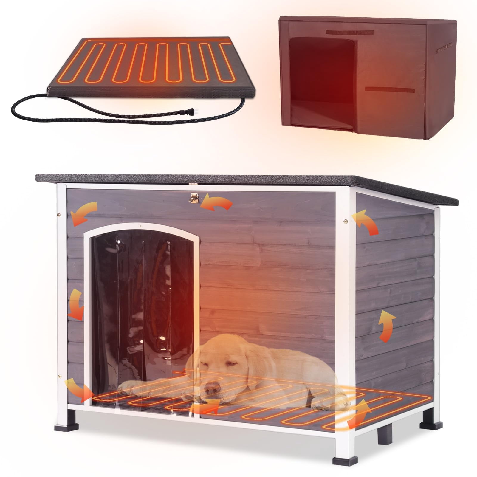 MEDEHOO 43.3‘’ Heated Outdoor Dog House Insulated Anti-Chewing Dog ...