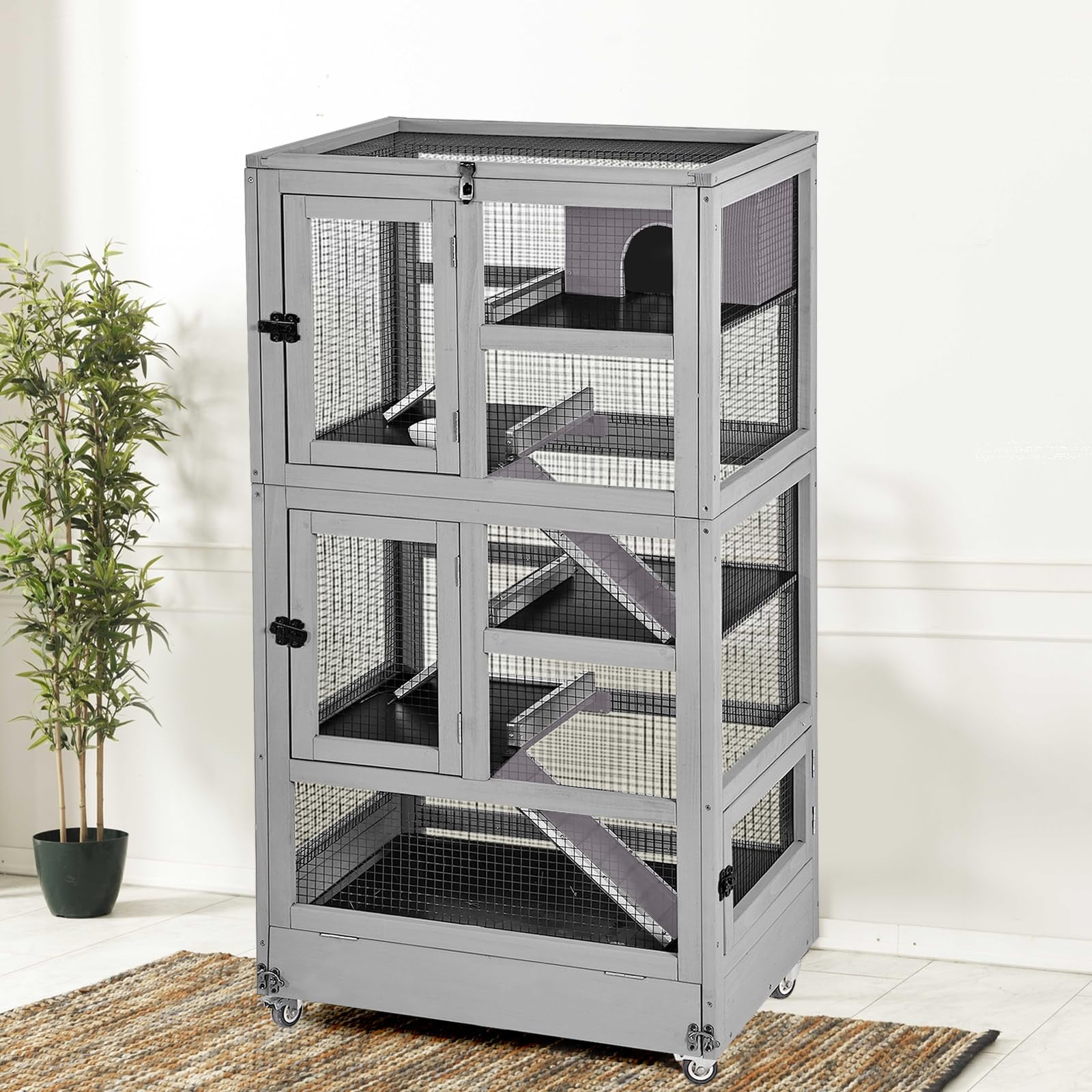 MEDEHOO 5-Level Small Animal Cage - Wooden Ferret Cage with Anti-Chew ...