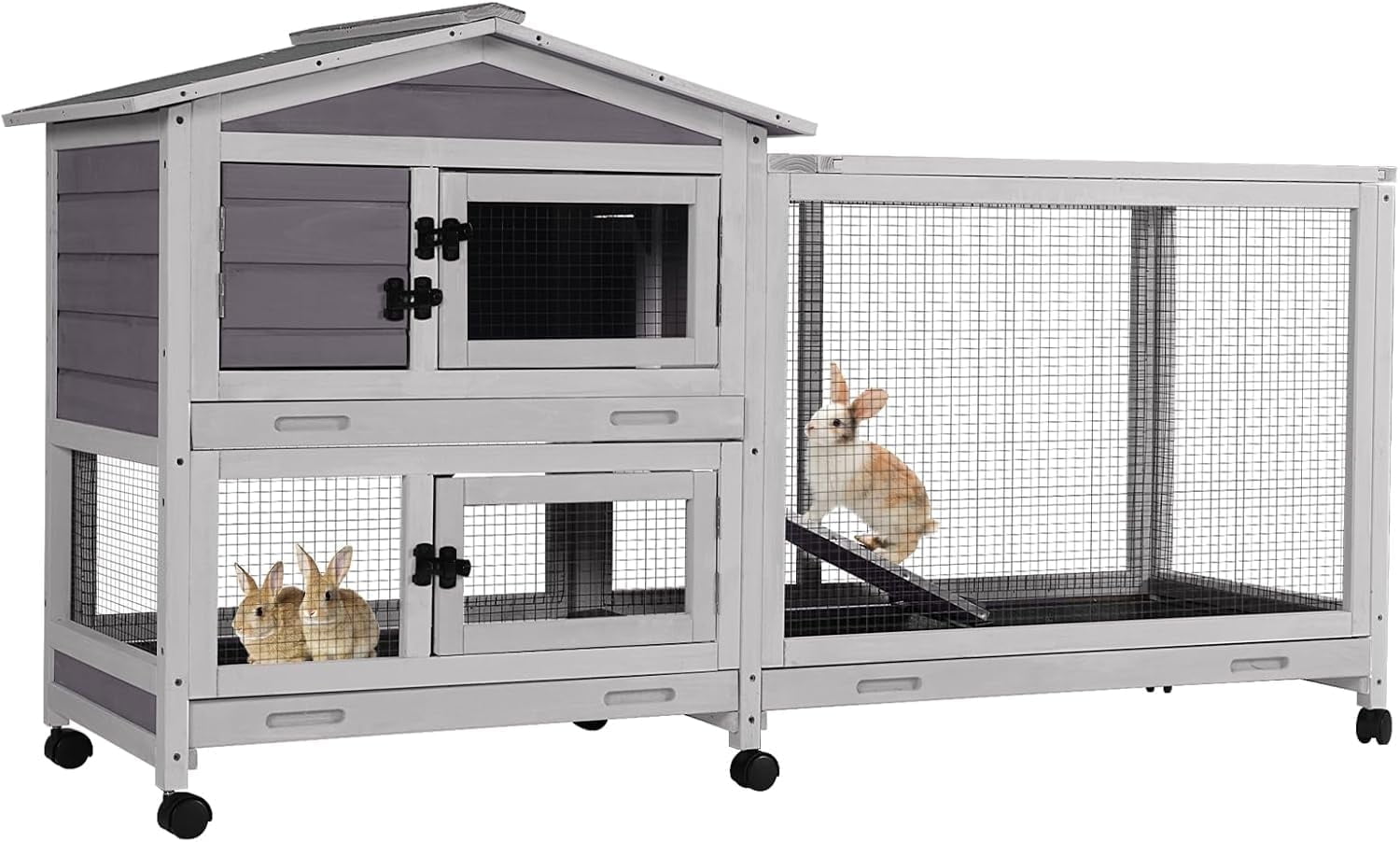 BUTINGLALE 62" Rabbit Hutch with Chew-Proof Ramp & Waterproof Roof ...