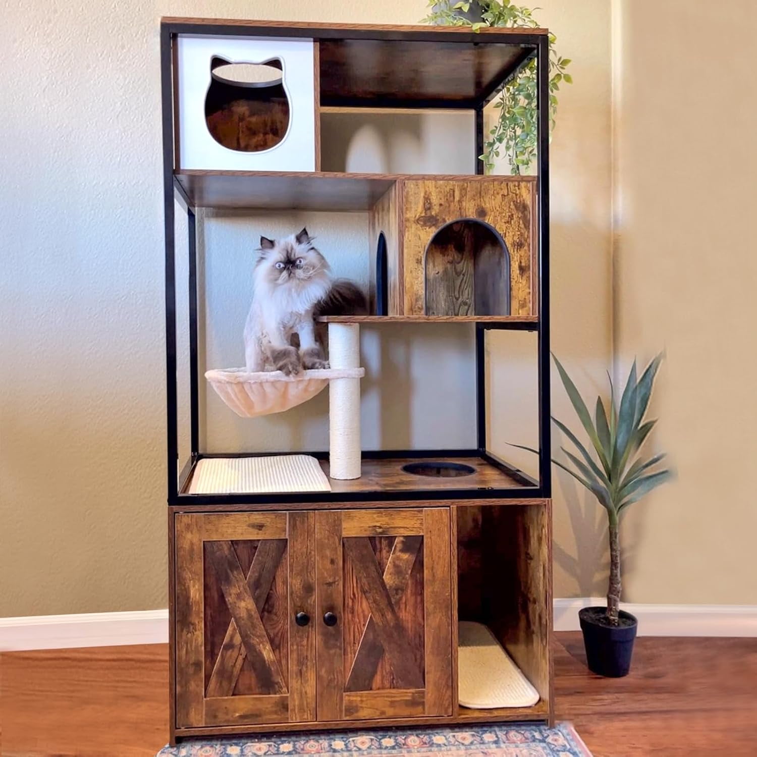 MEDEHOO Cat Litter Box Furniture Enclosure 4 Levels Cat Tree Hidden ...