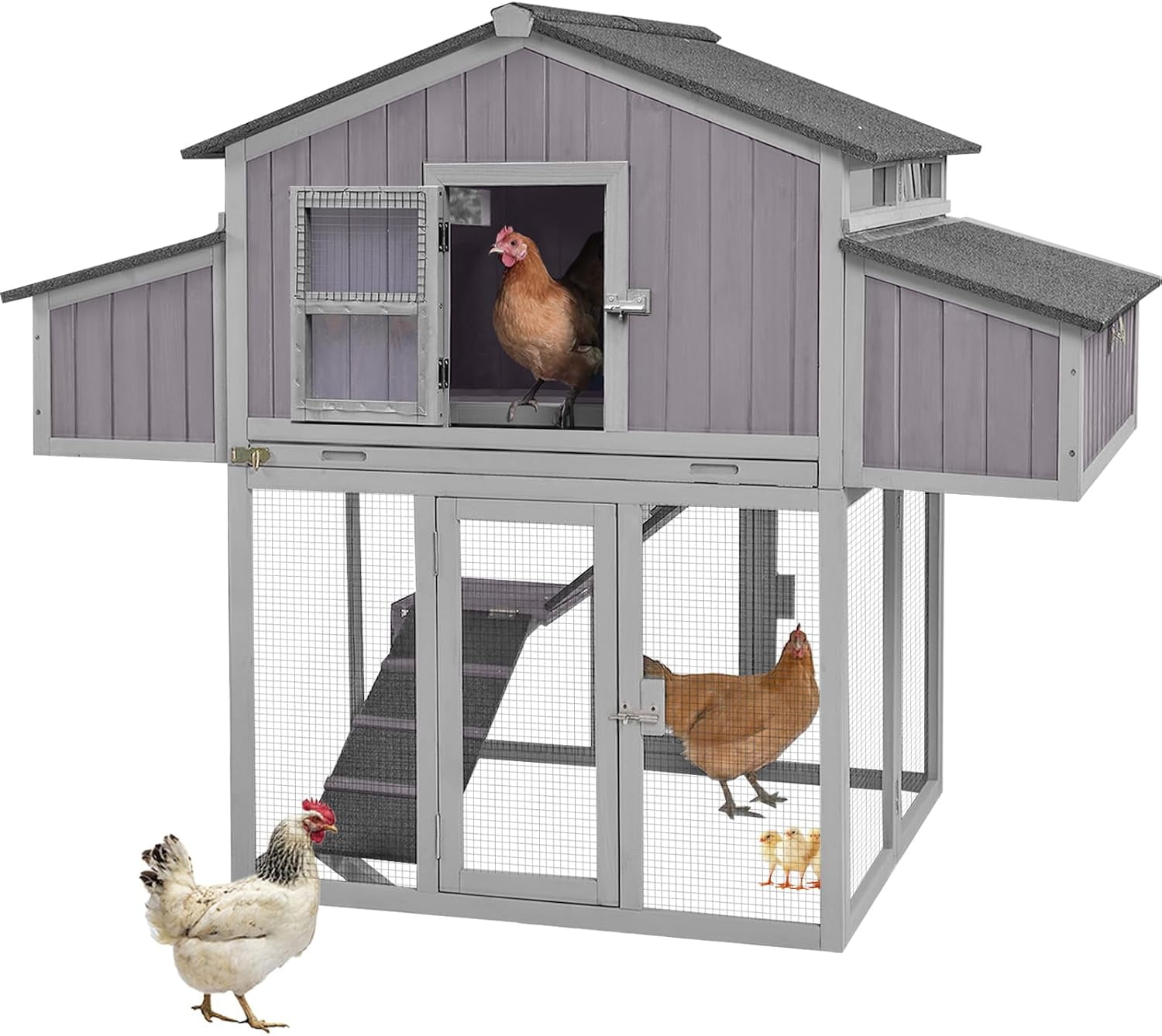 MEDEHOO Chicken Coop Double Folding Fir Wood Chicken House with Large ...