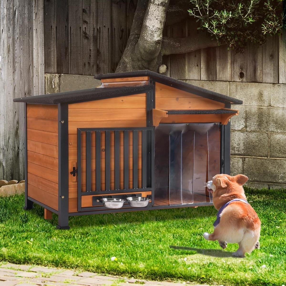MEDEHOO Dog House Outdoor with Bowls Weatherproof Dog Kennel with Anti ...