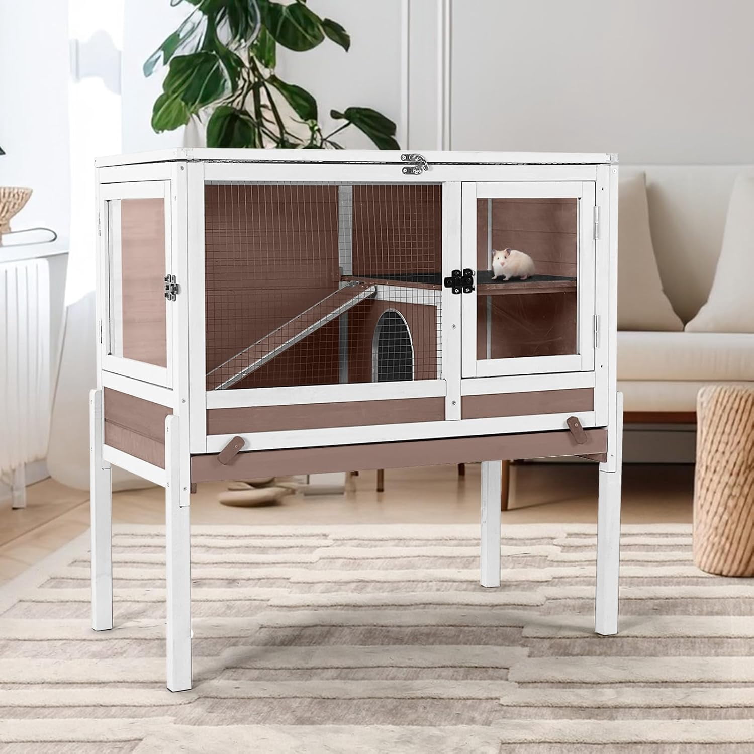 MEDEHOO Guinea Pig Cage with Wooden Stand, Indoor Rabbit Hutch with 2 ...
