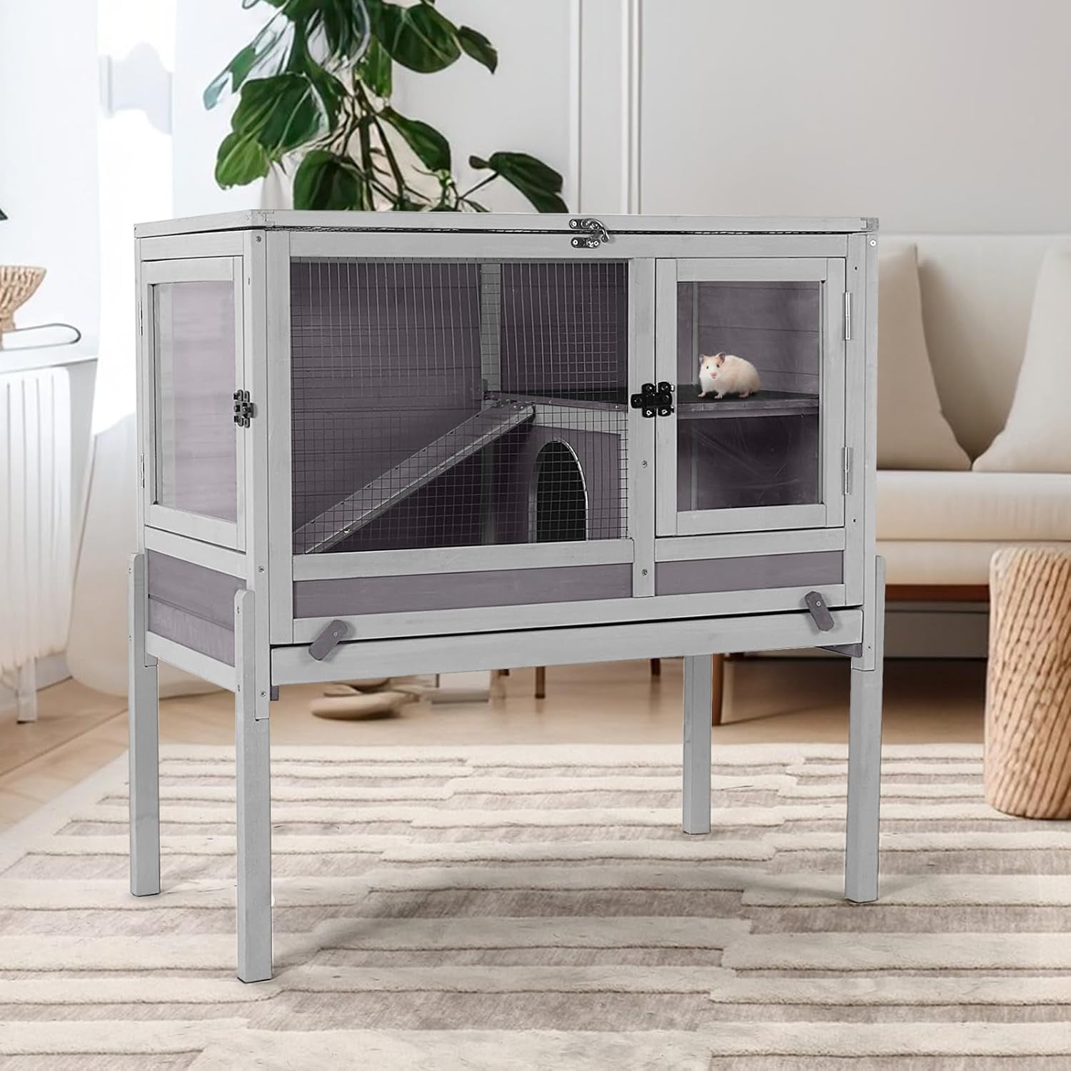 MEDEHOO Guinea Pig Cage with Wooden Stand, Indoor Rabbit Hutch with 2 ...