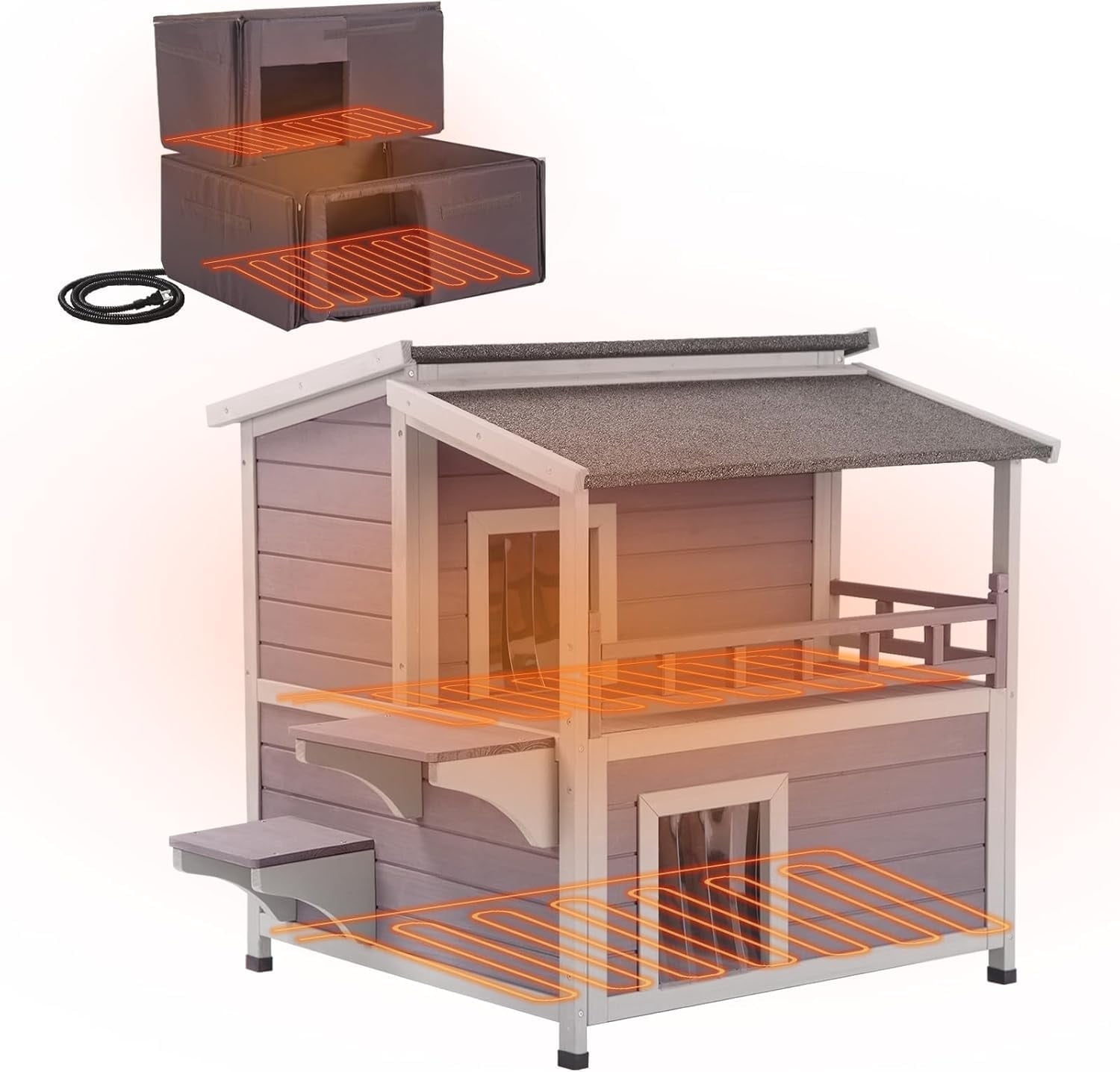 MEDEHOO Heated Cat House for Outside, 2-Story Wooden Cat House ...