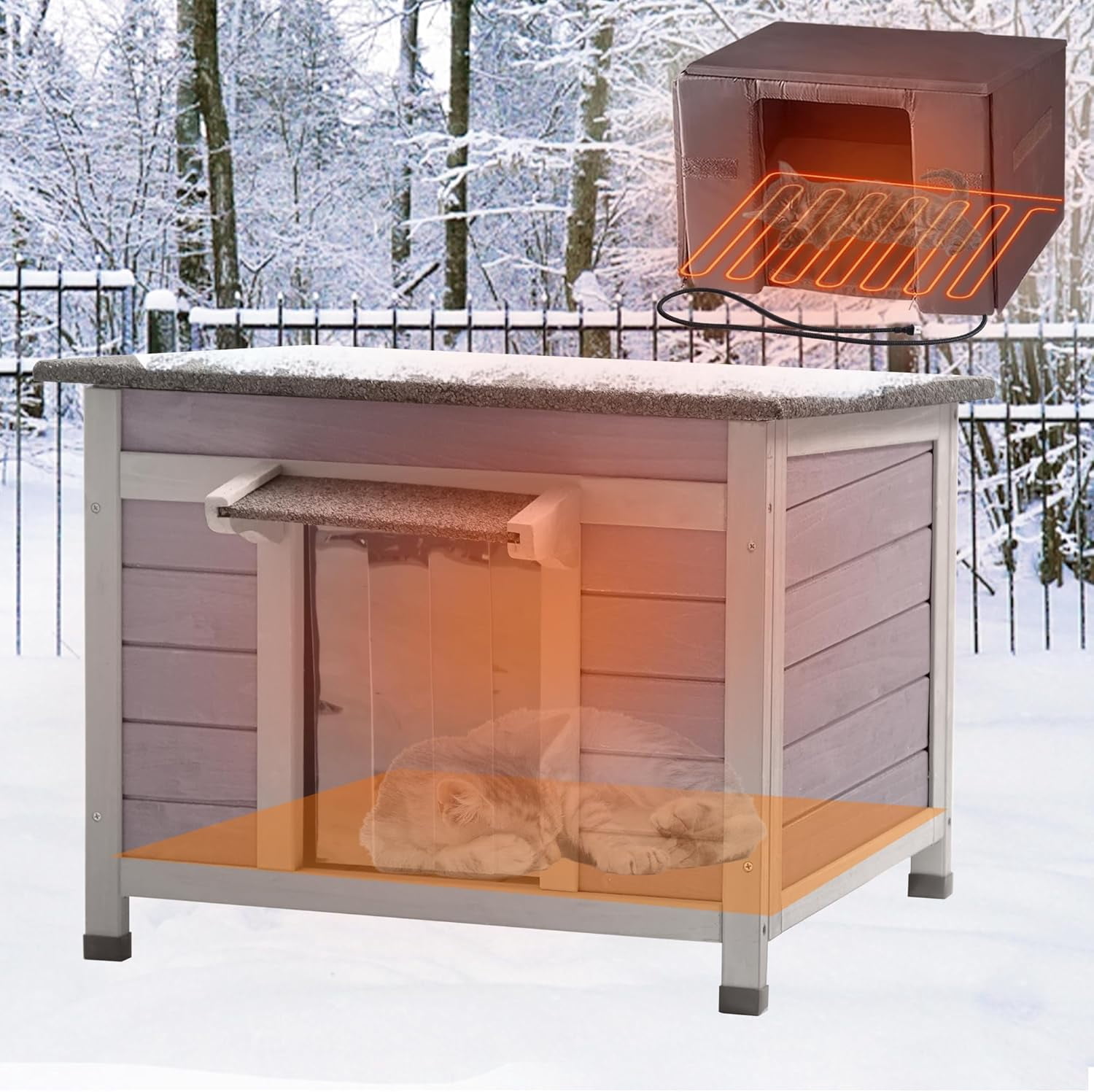 MEDEHOO Heated Outdoor Cat House with Heating Pad & Insulated Liner ...