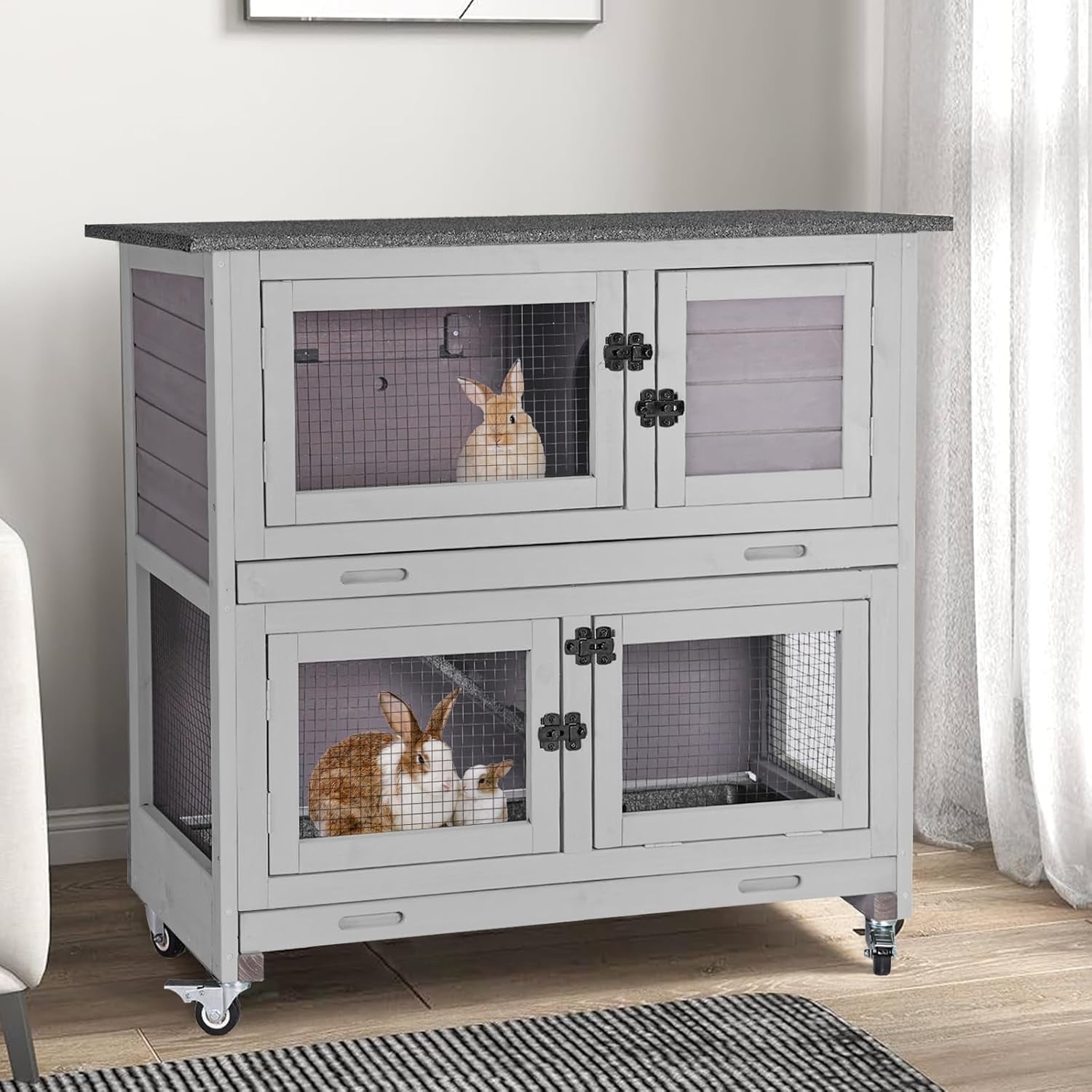 MEDEHOO Rabbit Hutch Indoor with Chew-Proof Design, Wooden Bunny Cage ...