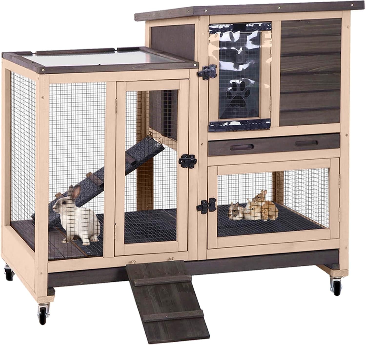MEDEHOO Rabbit Hutch Wooden Rabbit Cage on Wheels 2 Story Guinea Pig ...