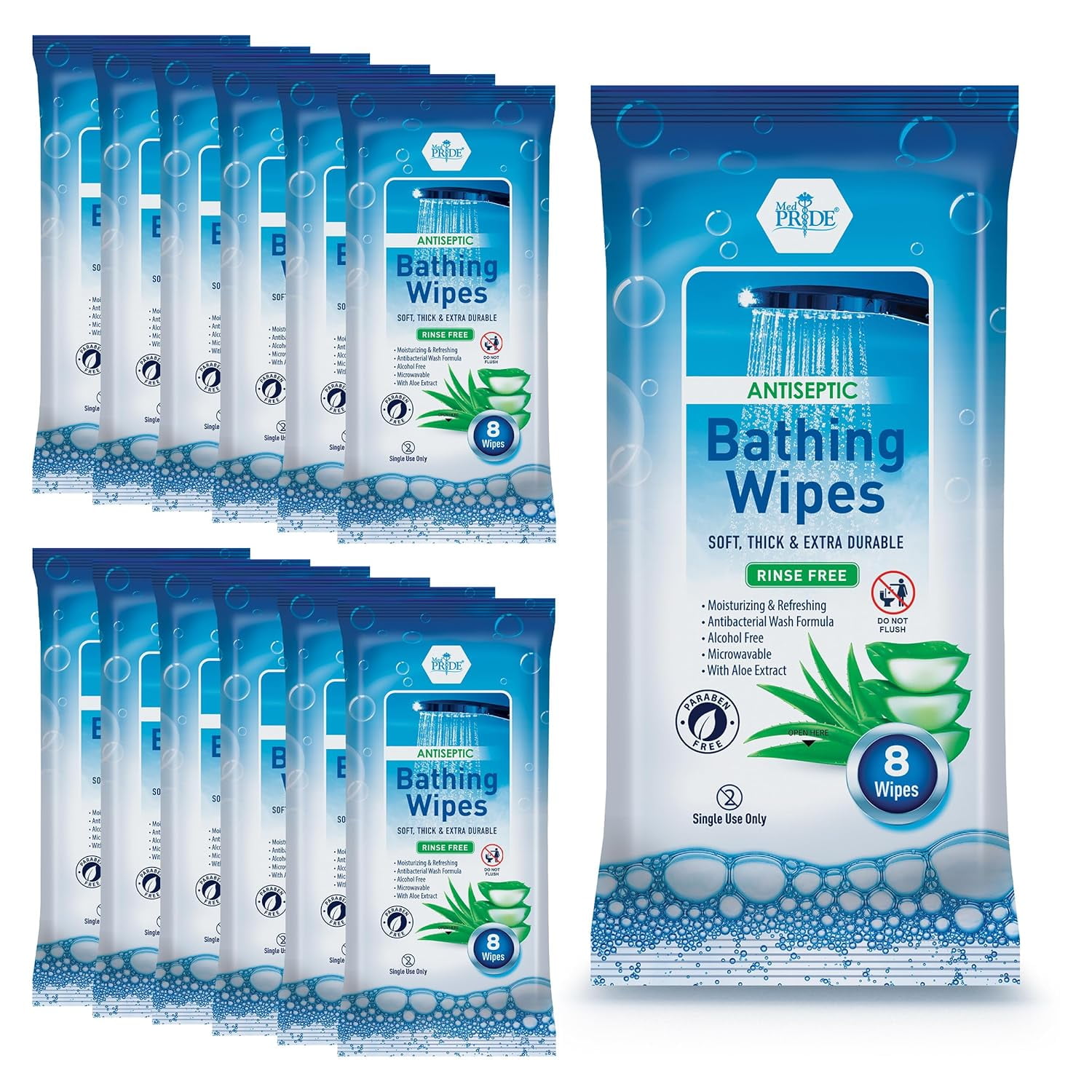 MEDPRIDE 8-Pc Rinse-Free XL Bath Wipes Shower Adult Wipes with Aloe ...