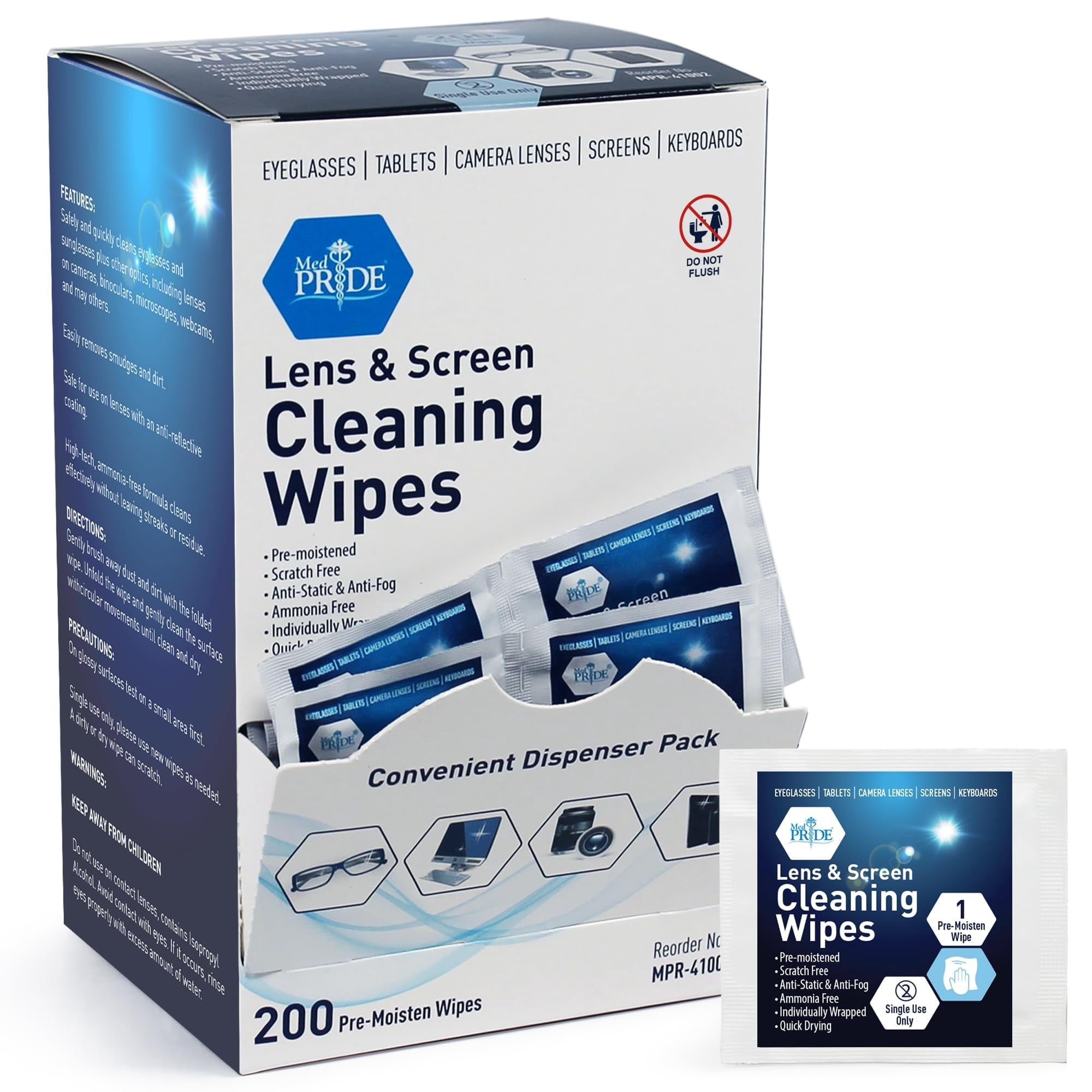 MedPride Lens Wipes 200 Pack Anti Fog Anti-Static Screen and Eyeglass ...