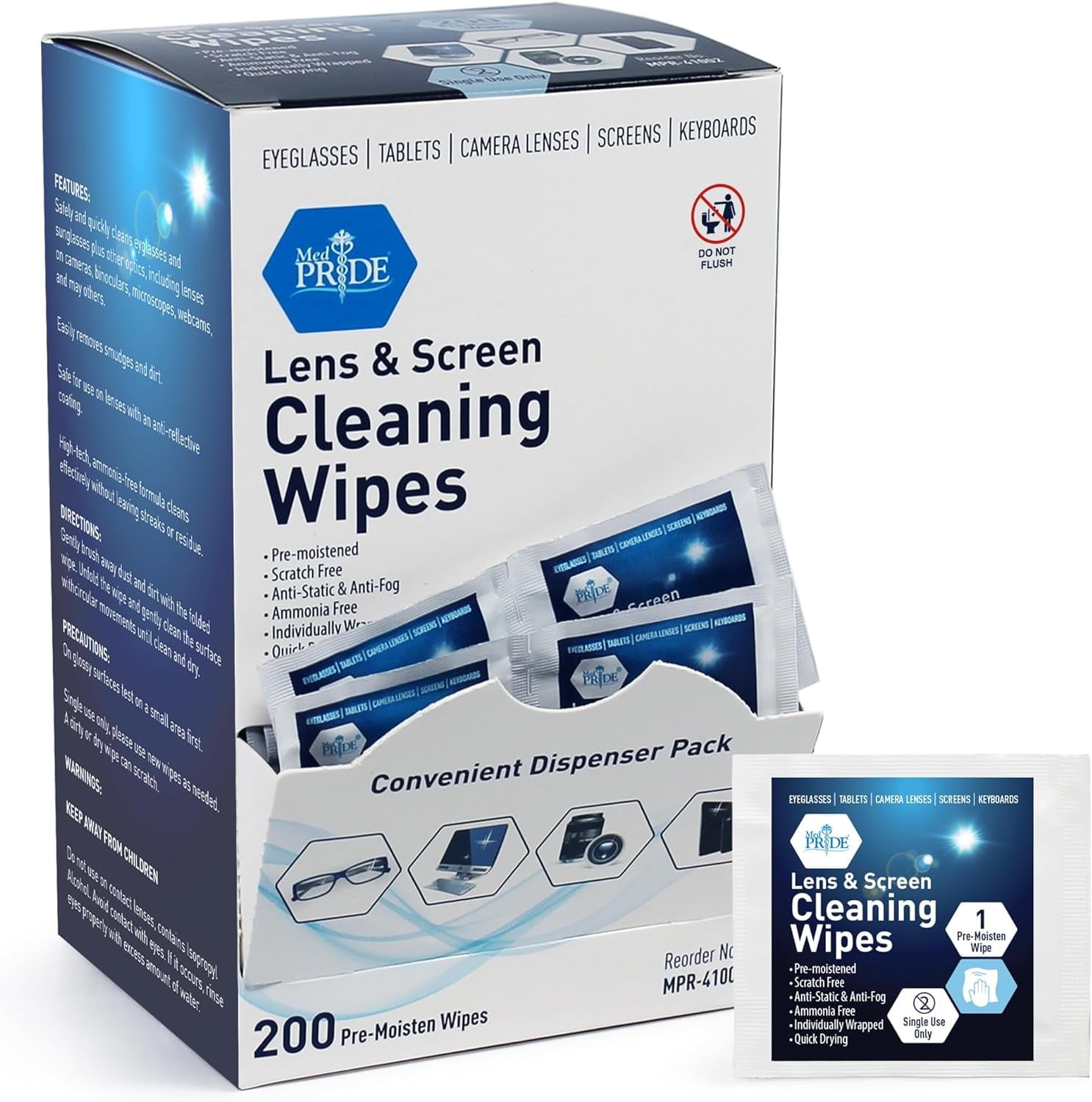 MedPride Lens Wipes 200 Pack Anti Fog Anti-Static Screen and Eyeglass ...