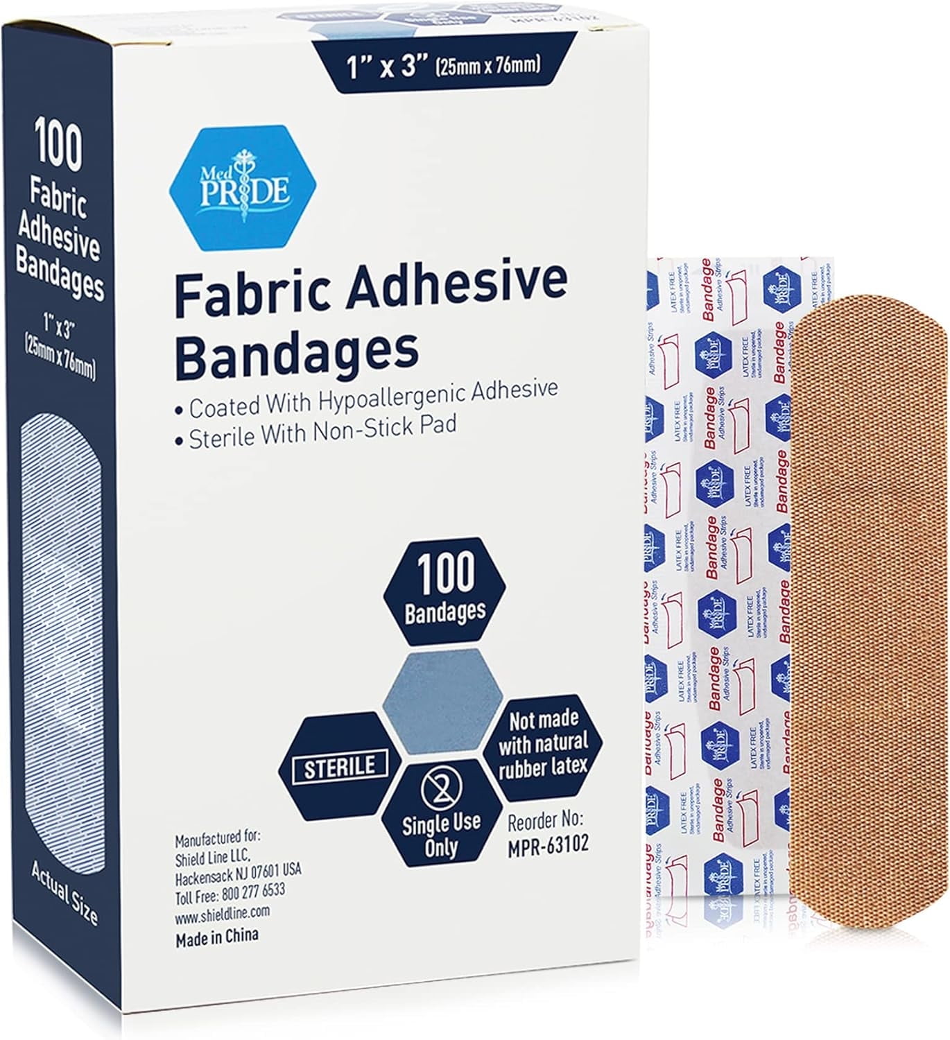 MEDPRIDE Sterile Adhesive Fabric Bandages for Wounds First Aid Kit & Wound Care Supplies, 100 ...